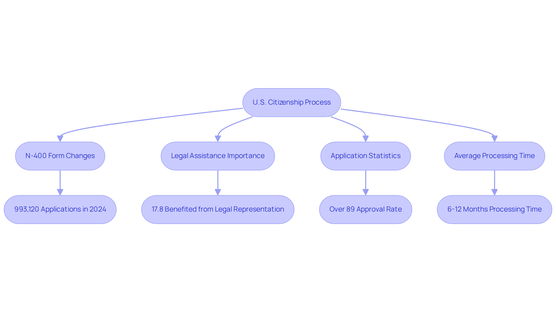This flowchart illustrates the pathway to U.S. citizenship, showing the crucial steps and statistics involved. Each box represents a significant part of the process, guiding you from understanding the N-400 form to the impact of legal representation and application outcomes.