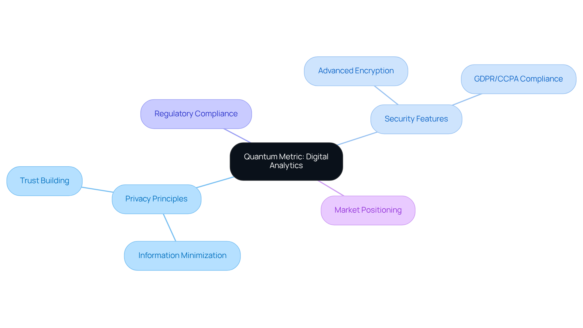 The central node represents Quantum Metric, while the branches illustrate its core features and principles. Each branch highlights how Quantum Metric prioritizes privacy and security in digital analytics.