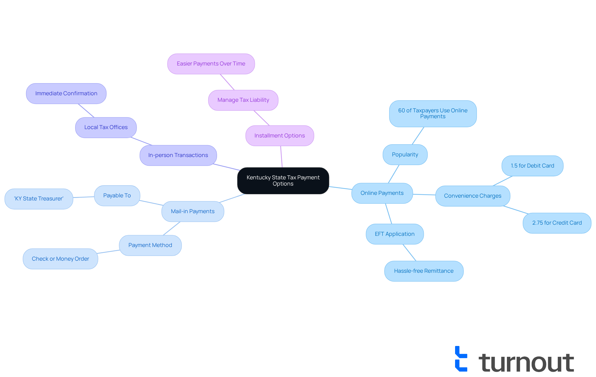 The central node represents the main topic of tax payment options, while each branch illustrates a different method available. Additional details are provided on sub-branches to give clarity on each option's specifics, helping taxpayers to easily navigate their choices. The central node represents the main topic of tax payment options, while each branch illustrates a different method available. Additional details are provided on sub-branches to give clarity on each option's specifics, helping taxpayers to easily navigate their choices.
