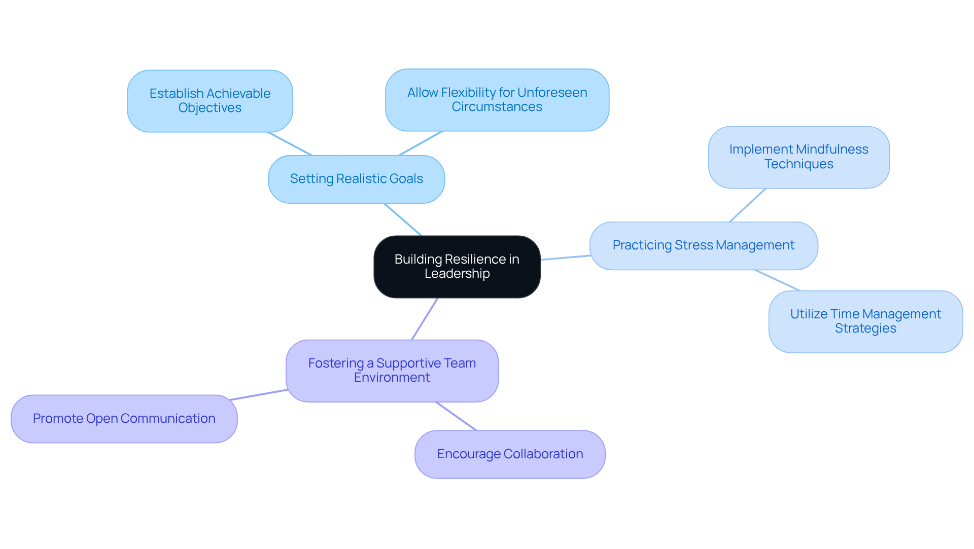 The central node represents the main theme of resilience. Each branch shows a key strategy for building resilience, and the sub-branches provide specific actions to implement. This layout helps you see how different strategies connect and support each other in developing resilient leadership.