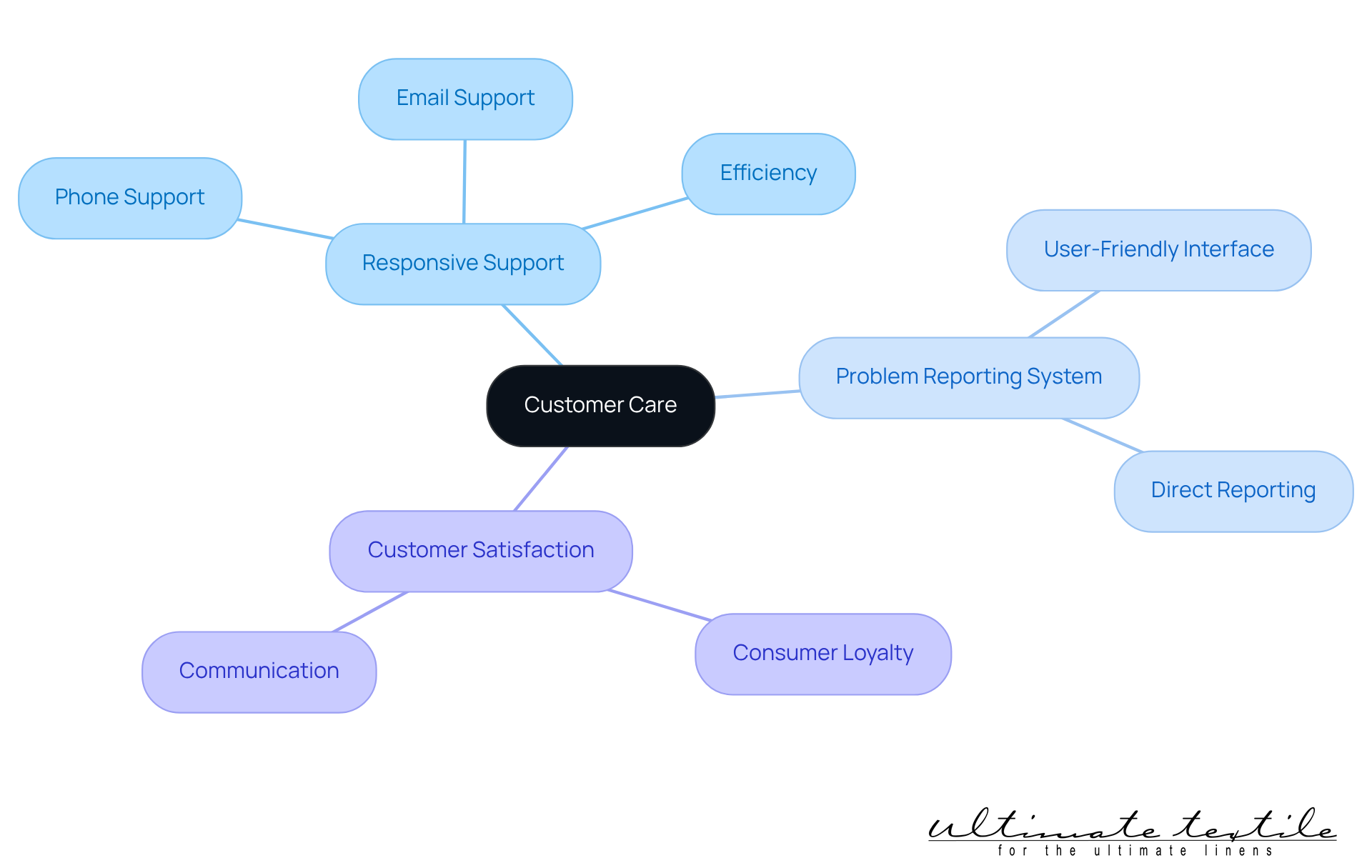 The central node represents the main theme of customer care, while the branches show key components that contribute to effective service. Each branch highlights an important aspect of how Premier Fabric supports its customers.