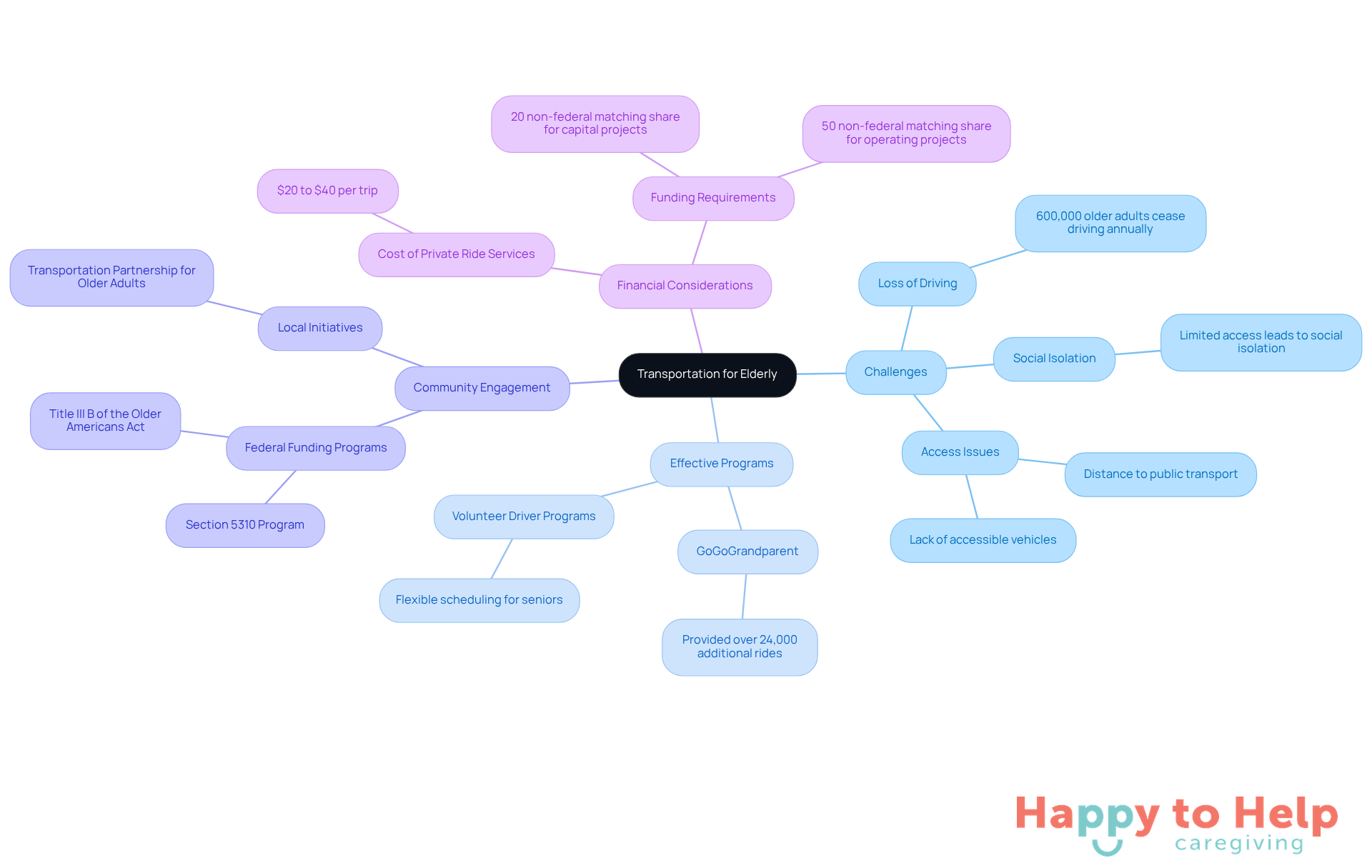 The central node represents the overall topic of transportation for the elderly. Each branch highlights a key theme, with sub-nodes providing specific details or examples related to that theme.