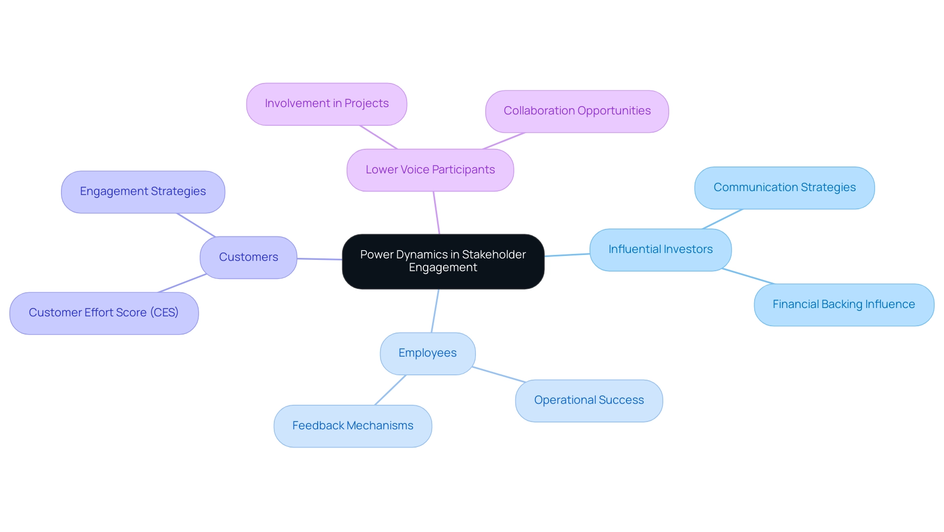 The central node represents the overall theme, with branches illustrating different stakeholder types and their respective influence and roles in engagement.