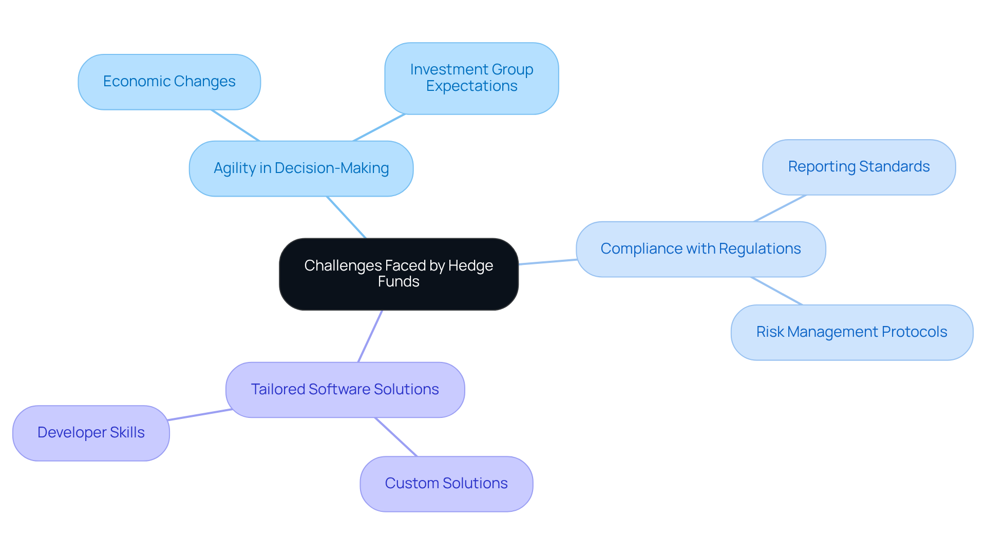 This mindmap illustrates the unique challenges hedge funds encounter. Start at the center with the main theme, then explore each branch to understand the specific challenges and solutions that hedge funds must navigate in today's complex financial landscape. This mindmap illustrates the unique challenges hedge funds encounter. Start at the center with the main theme, then explore each branch to understand the specific challenges and solutions that hedge funds must navigate in today's complex financial landscape.