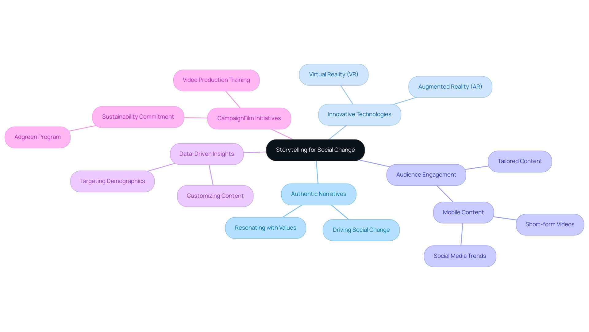 Central node represents the main theme, while branches denote key subtopics related to video production and storytelling for social change.