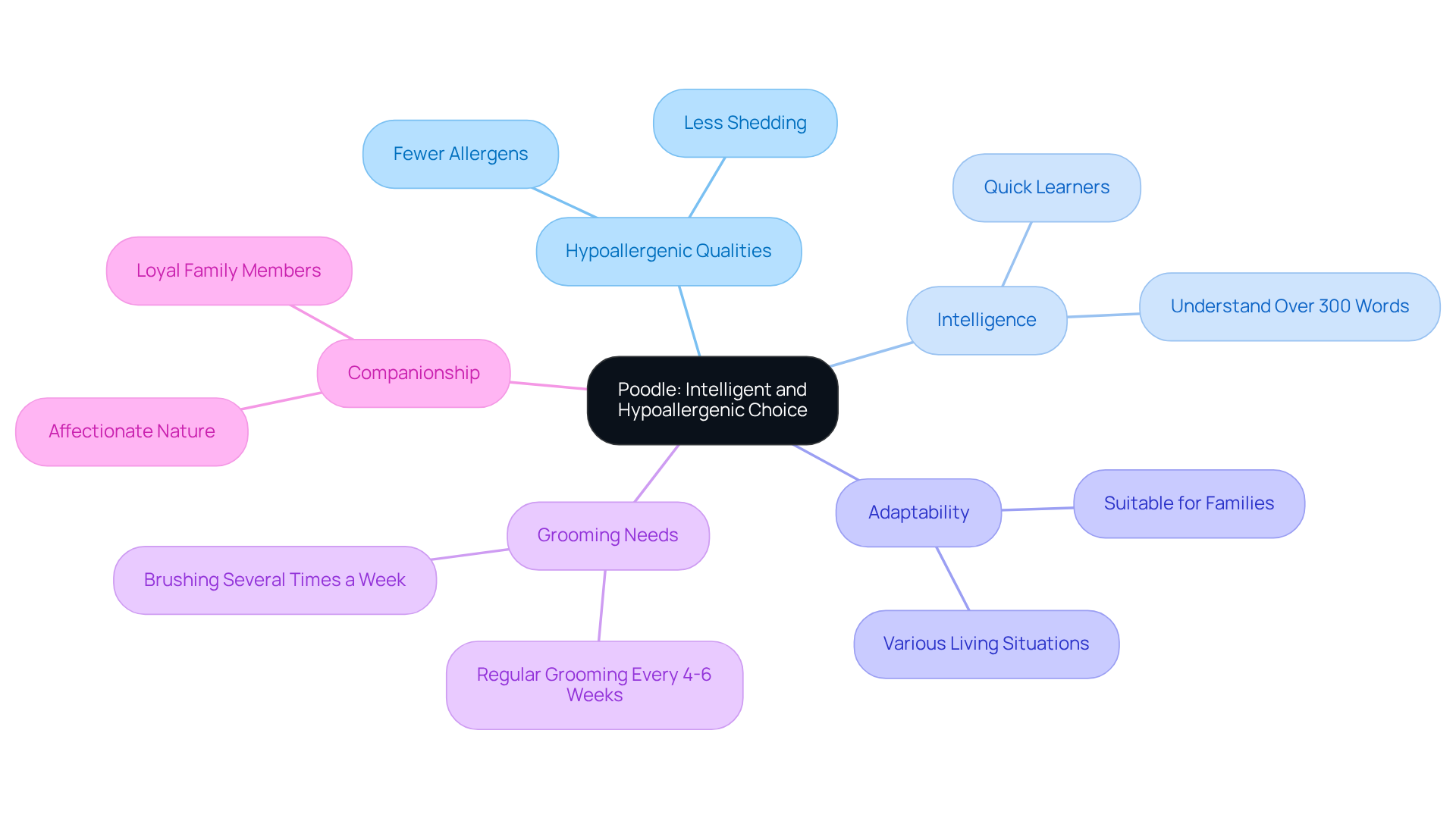 Start at the center with the main theme about Poodles, then follow the branches to explore their unique qualities and how they contribute to being an ideal family pet.