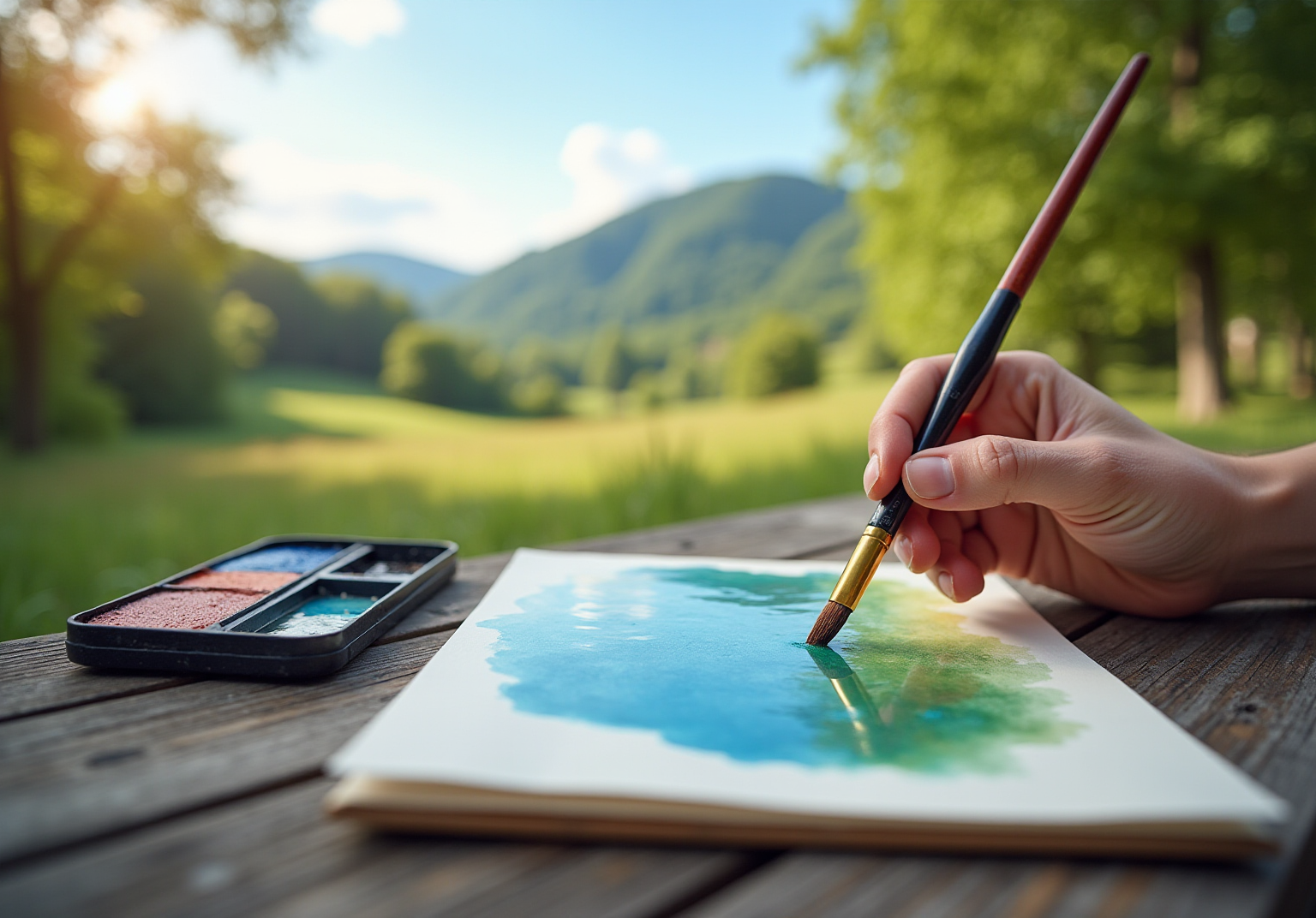 Artist Using Waterbrush in Nature