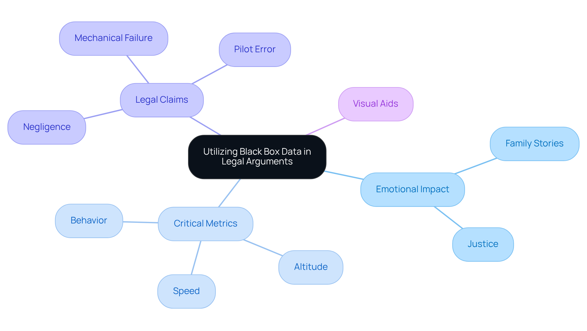 This mindmap illustrates how black box data connects to emotional narratives and legal arguments. Each branch represents a key aspect of the discussion, helping you see how they relate to one another and contribute to understanding the case.