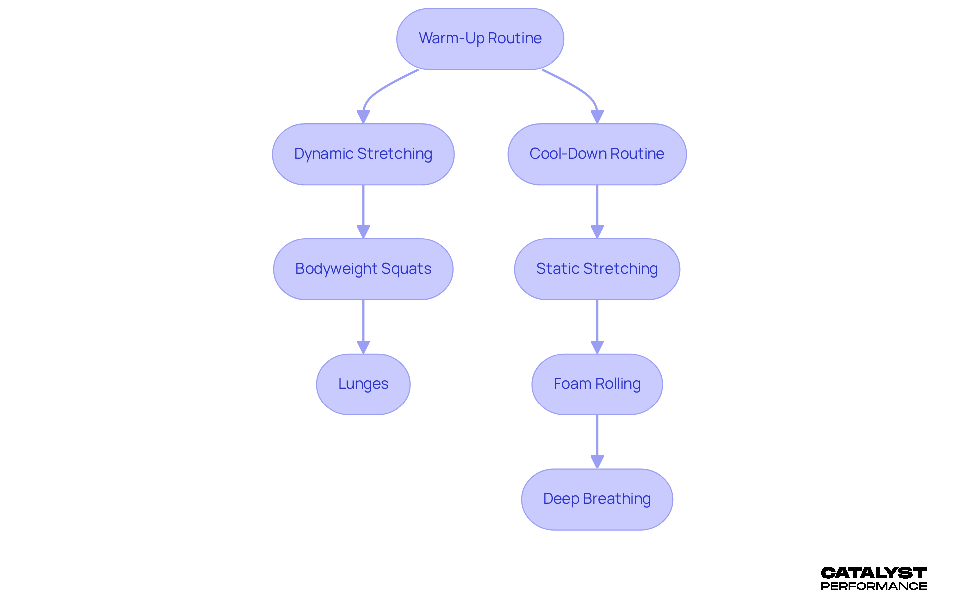 Follow the arrows to see how to prepare your body before squatting and how to recover afterward. Each box represents a step in the routine, ensuring you understand the flow from warm-up to cool-down. Follow the arrows to see how to prepare your body before squatting and how to recover afterward. Each box represents a step in the routine, ensuring you understand the flow from warm-up to cool-down.