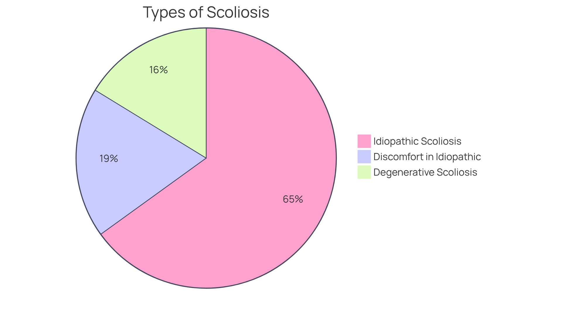 This chart shows the different types of scoliosis and how common they are. The larger slice represents idiopathic scoliosis, which is the most common type, while the smaller slice shows degenerative scoliosis. The inner segment of the idiopathic slice indicates how many people with this type experience significant discomfort. This chart shows the different types of scoliosis and how common they are. The larger slice represents idiopathic scoliosis, which is the most common type, while the smaller slice shows degenerative scoliosis. The inner segment of the idiopathic slice indicates how many people with this type experience significant discomfort.