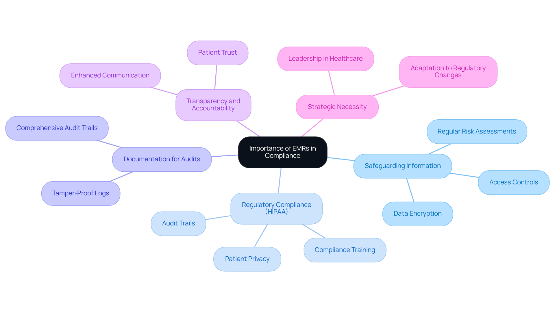 The central node represents the main theme, while the branches illustrate key aspects of how EMRs contribute to compliance and quality care. Each color-coded branch helps you navigate through the different areas of importance.
