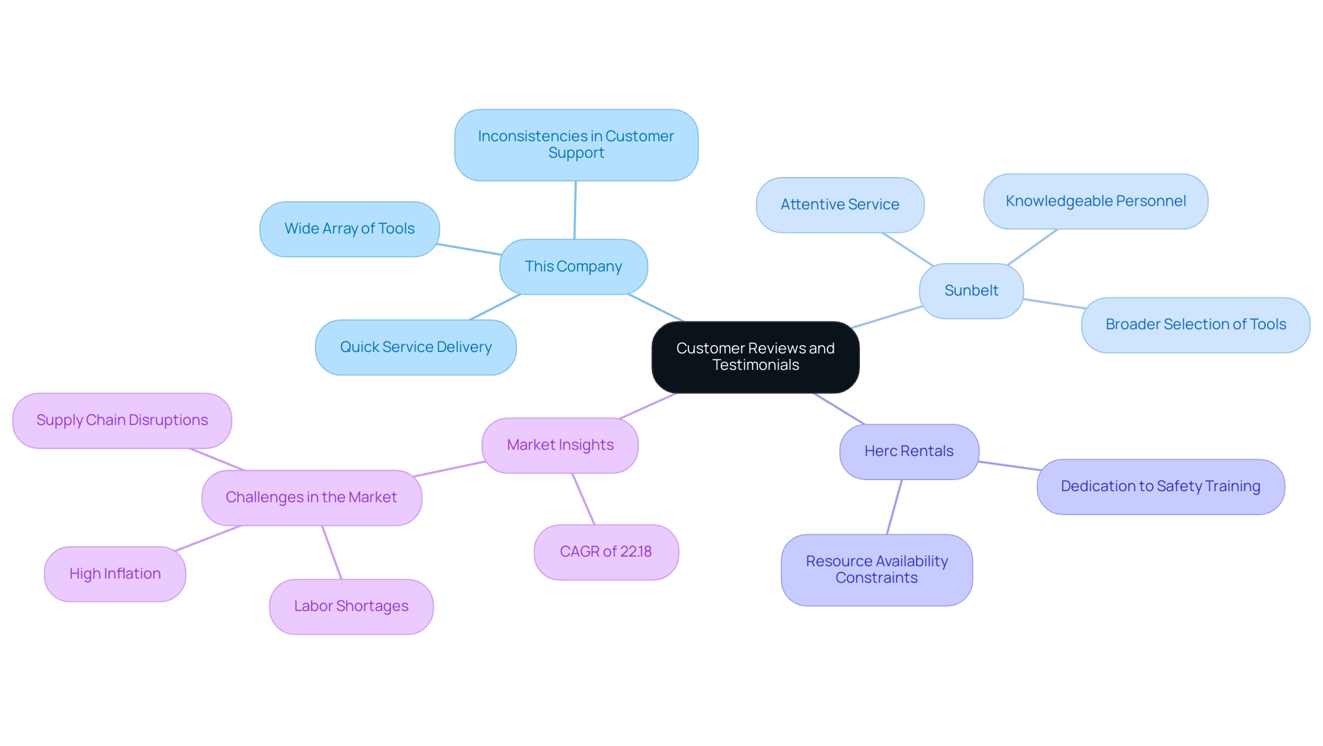 The central node represents the overall theme of customer insights, with branches indicating specific companies and their attributes, along with market insights.