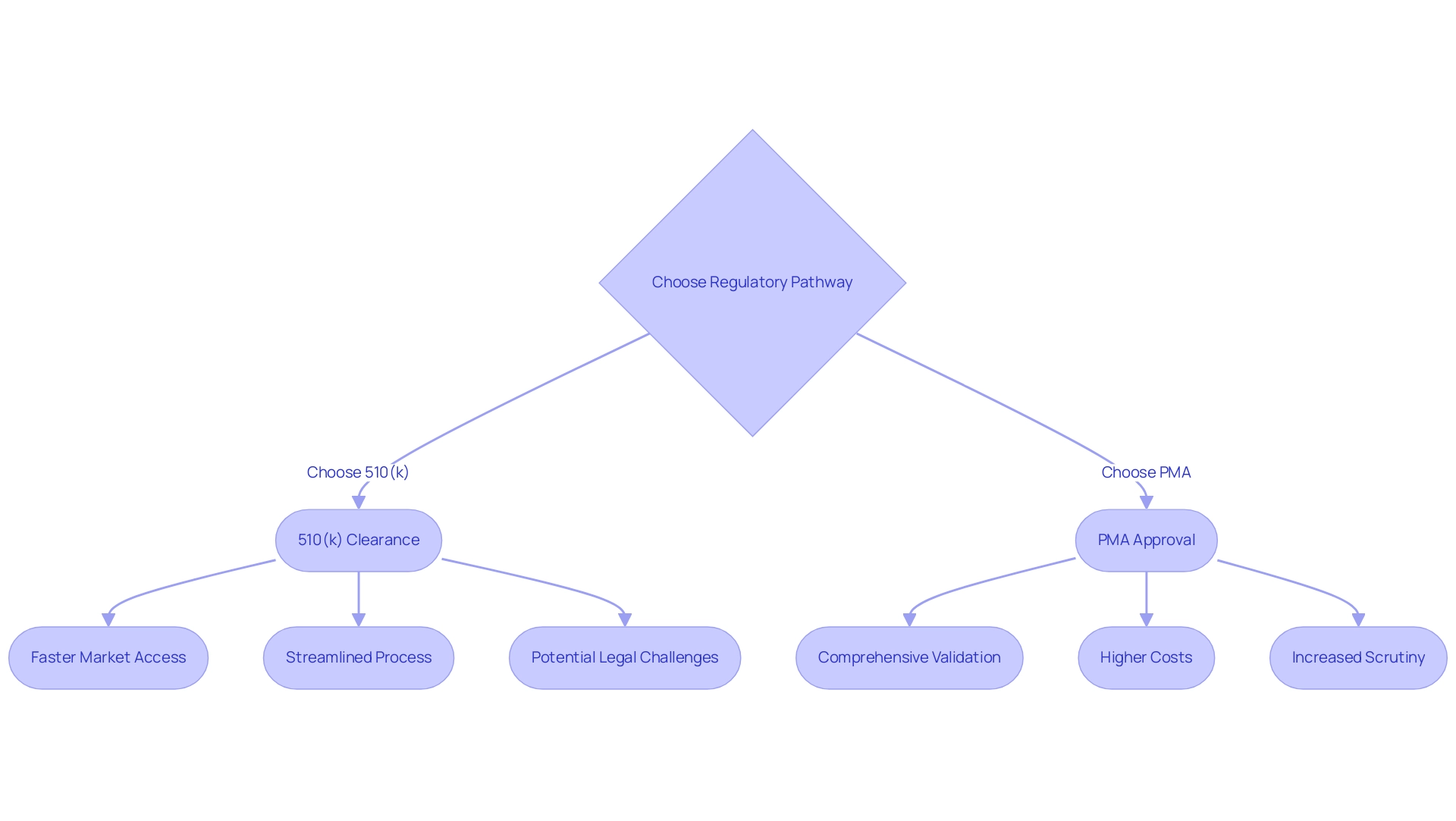 Blue nodes represent considerations for 510(k) clearance, while green nodes represent considerations for PMA approval.