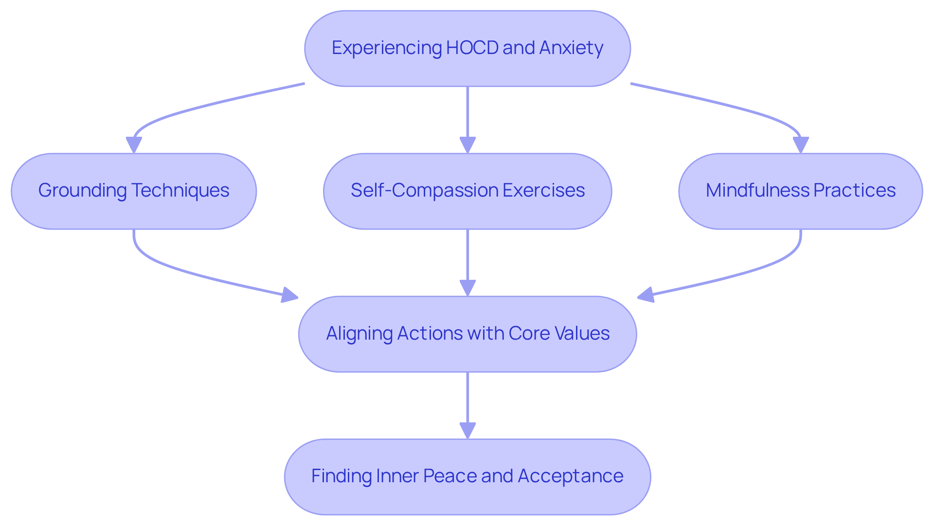 This flowchart illustrates Rob's path from struggling with anxiety to finding peace. Each step shows the strategies he used and how they contributed to his recovery. Follow the arrows to see how each part of his journey connects.
