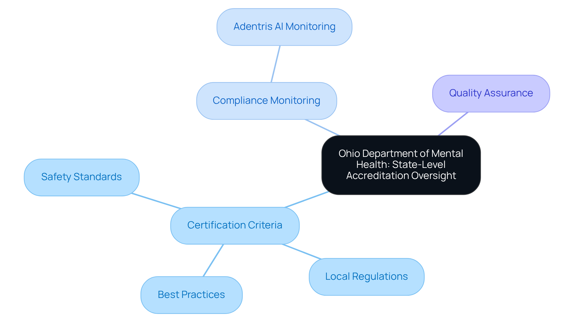 The central node represents the main topic, while the branches show the key components involved in the accreditation process. Each sub-branch provides more detail about specific aspects, helping you understand how they connect.