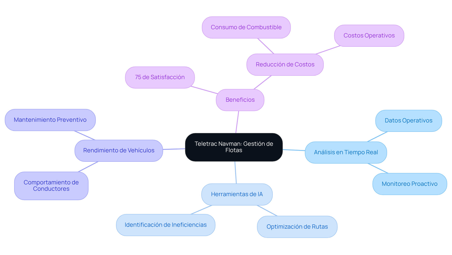 El nodo central representa la plataforma, y las ramas muestran sus características y beneficios. Las sub-ramas detallan información específica, ayudando a entender cómo cada elemento contribuye a la gestión efectiva de flotas.