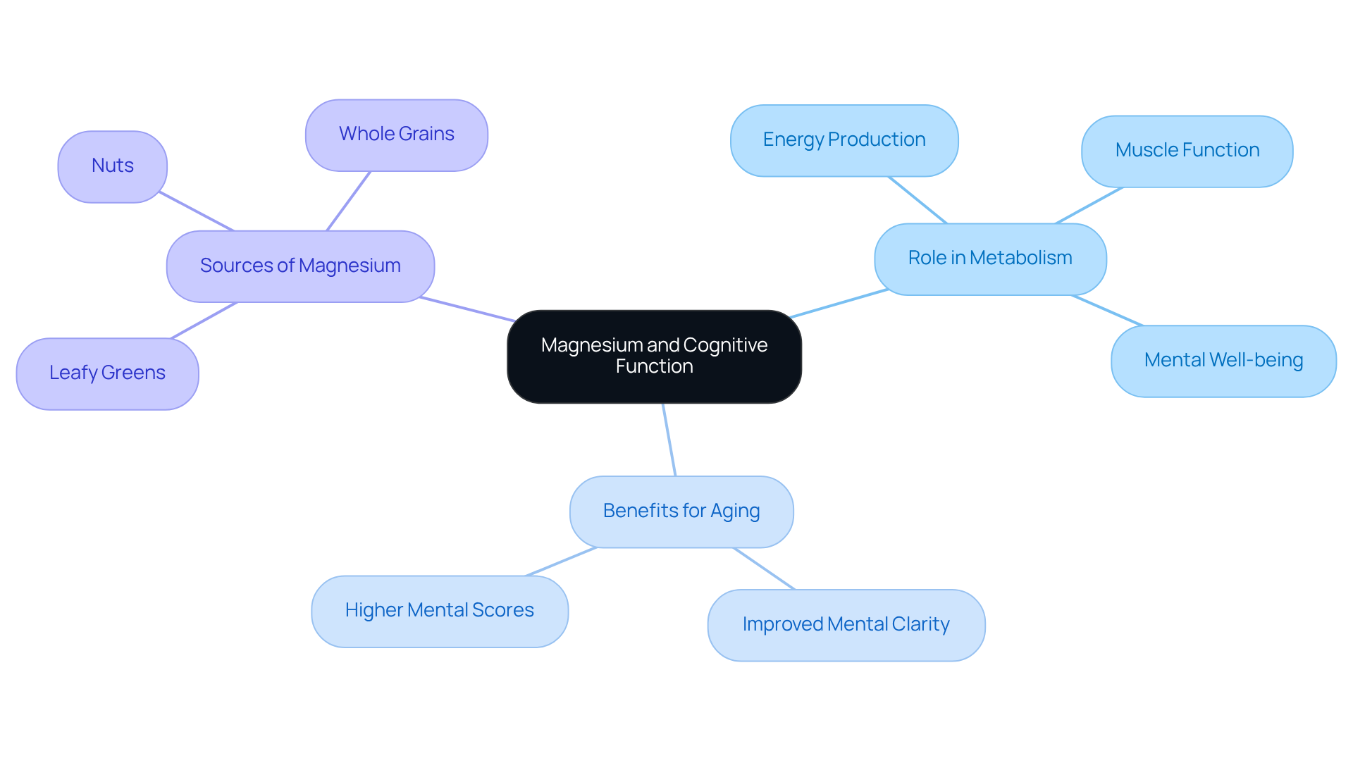 This mindmap illustrates how magnesium impacts metabolism and cognitive function. Start at the center with magnesium's overall role, then explore its specific benefits and sources. Each branch represents a key idea, helping you see how they connect and contribute to mental vitality as we age.