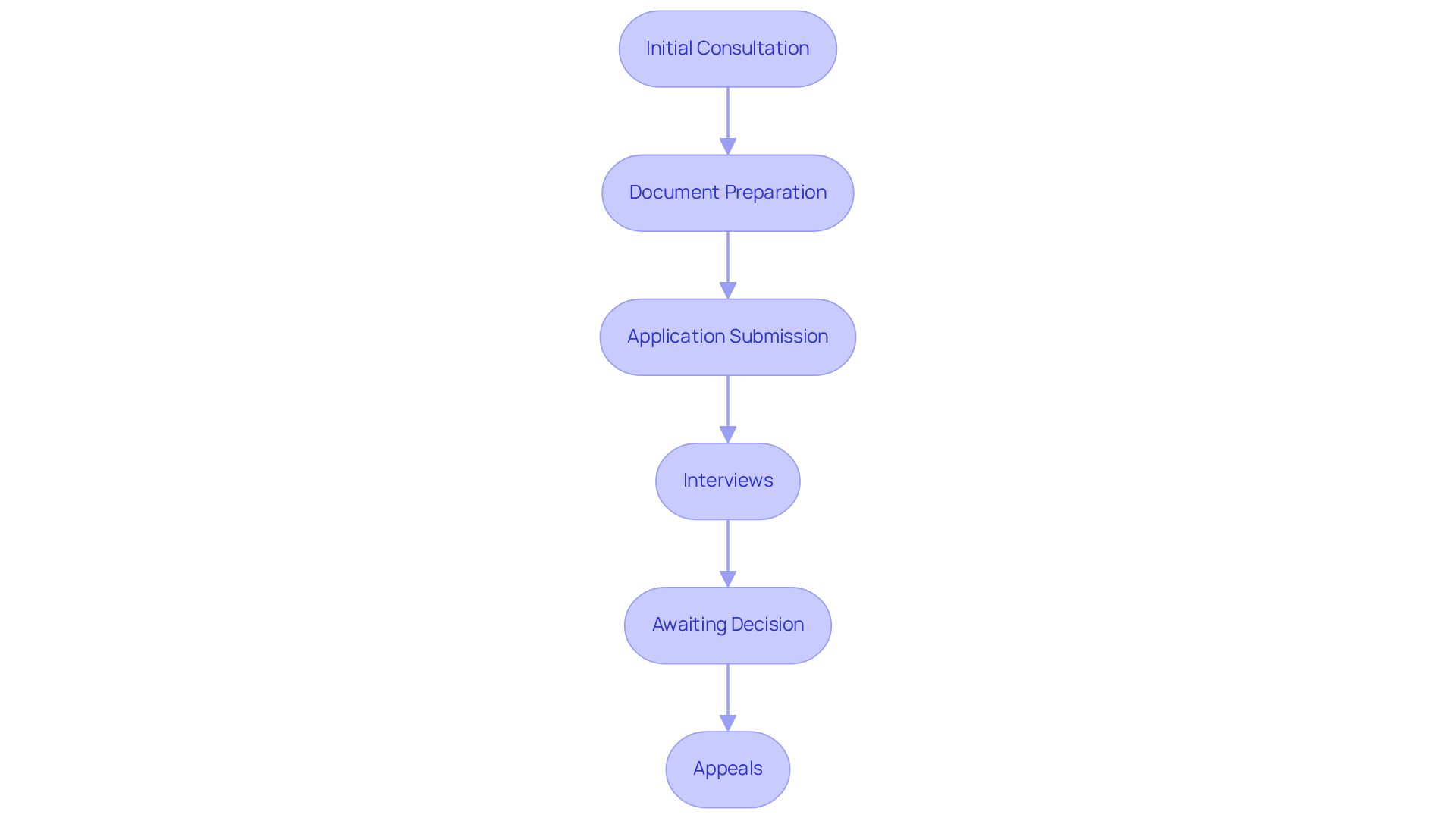 Each box represents a step in the immigration process. Follow the arrows to see how each step leads to the next, from consulting with attorneys all the way to handling appeals if necessary.