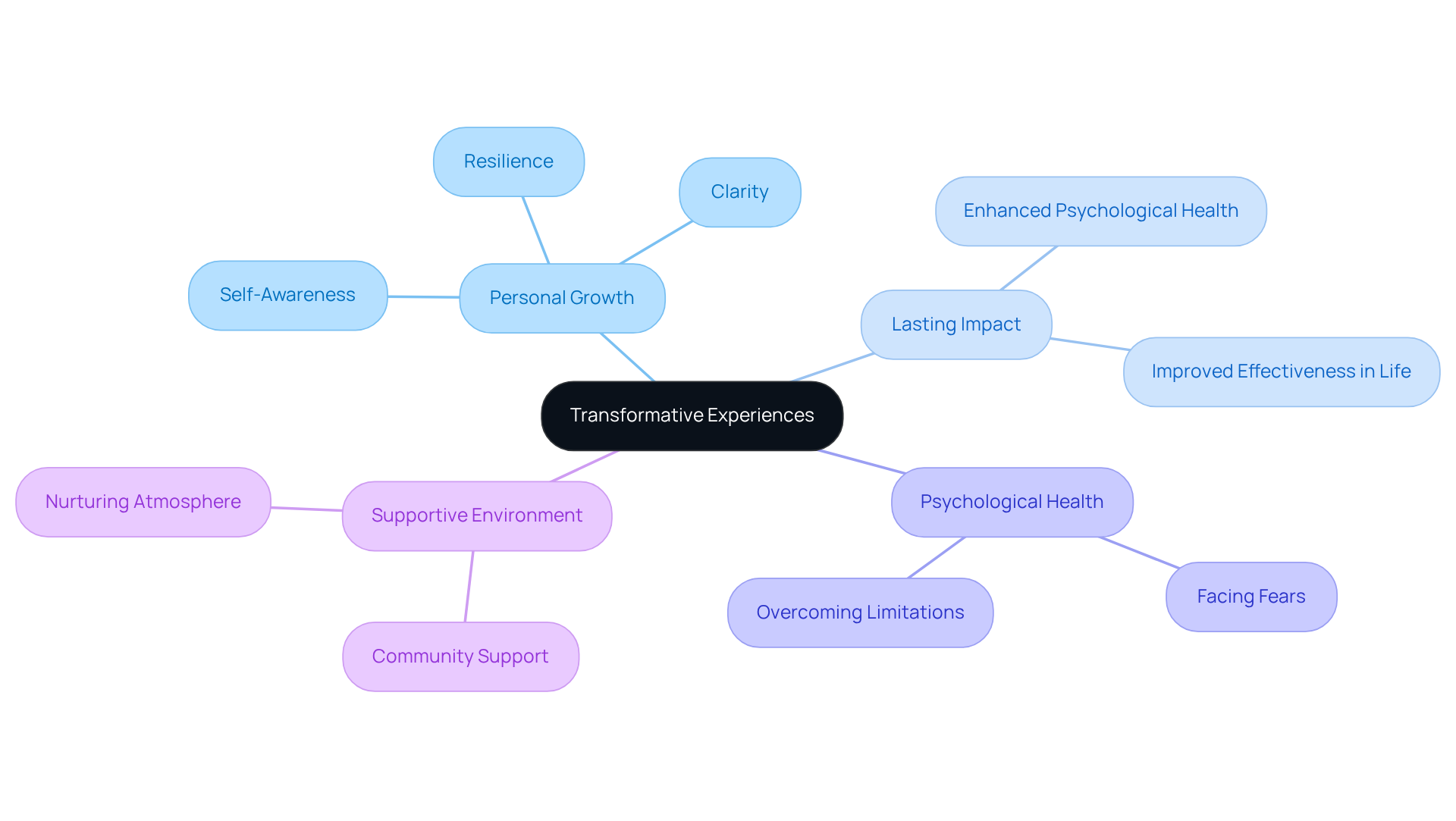 The central idea represents transformative experiences, while the branches show key themes and concepts related to personal growth. Each color-coded branch helps illustrate how these themes connect and contribute to lasting change. The central idea represents transformative experiences, while the branches show key themes and concepts related to personal growth. Each color-coded branch helps illustrate how these themes connect and contribute to lasting change.