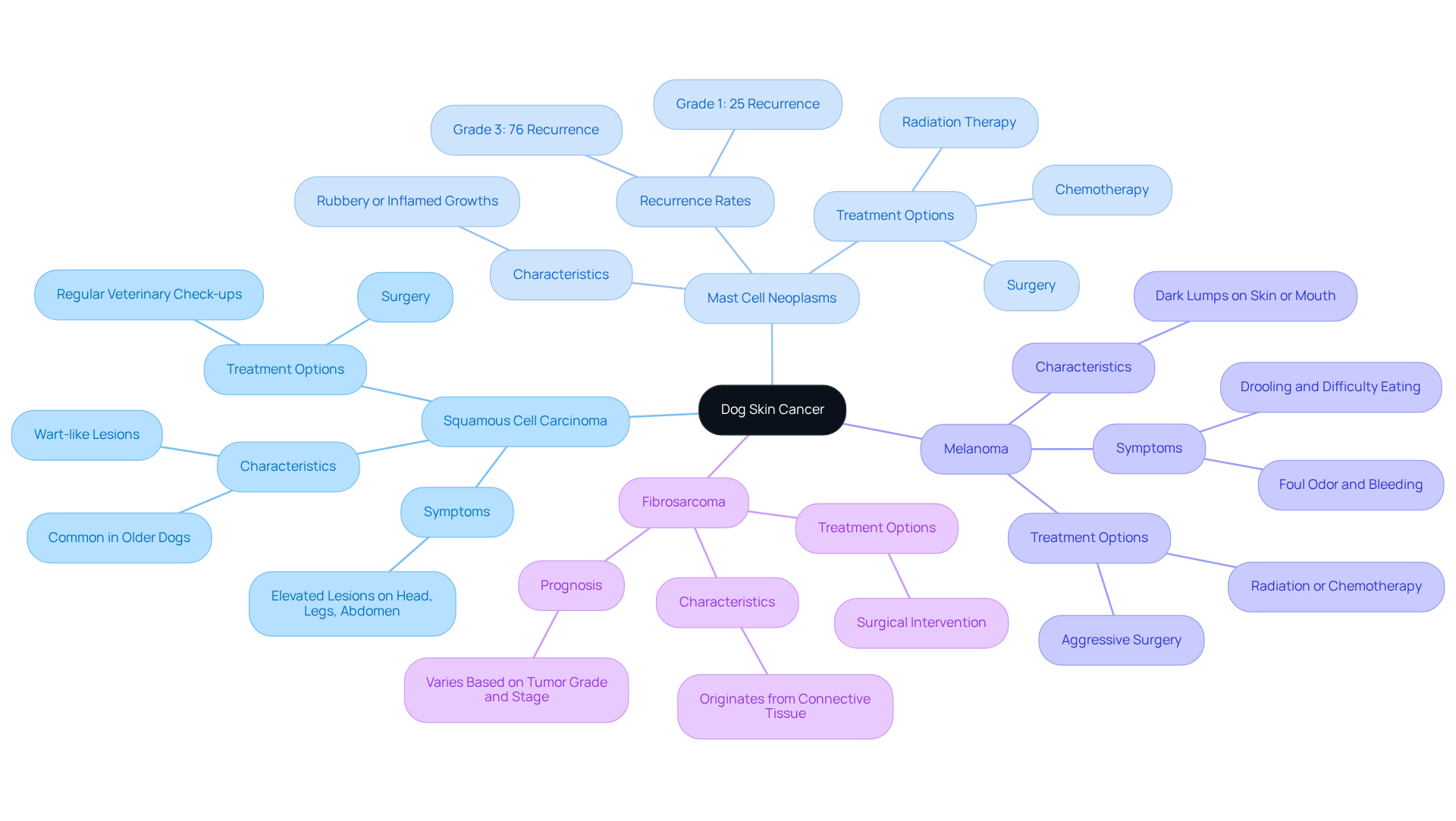 The center represents the main topic of dog skin cancer, with branches showing different types. Each type has its own details to help you understand what to look for and how to act. The colors help you easily navigate through the information.
