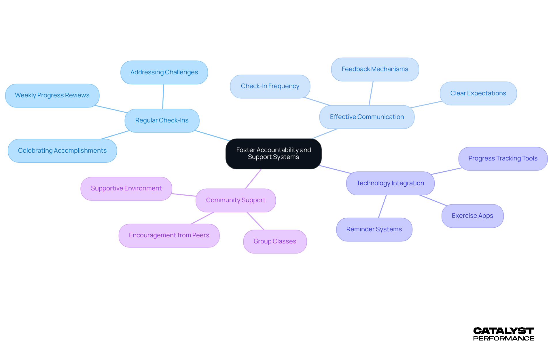 The central idea is about fostering accountability in coaching. Each branch represents a key component that supports this idea, showing how they work together to help individuals stay committed to their fitness journeys.