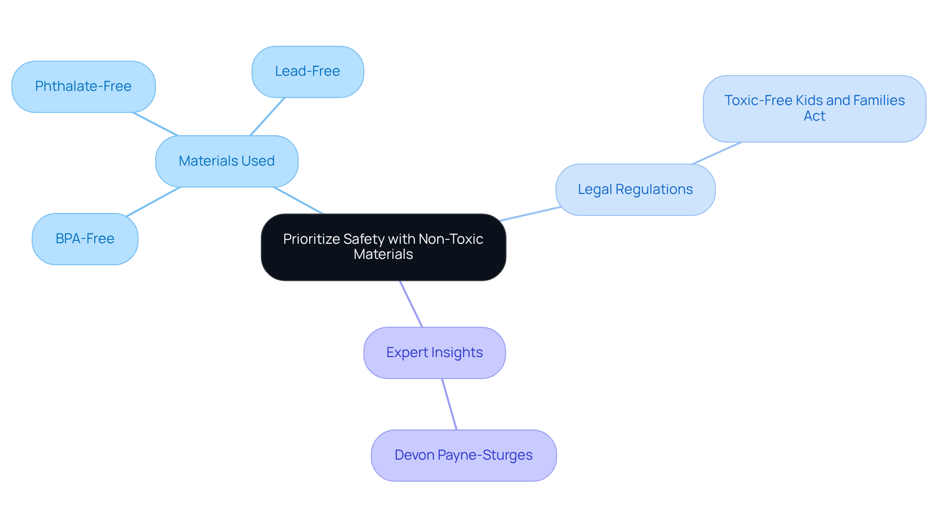 The central node represents the main theme of safety. Each branch shows a related topic, helping you see how materials, regulations, and expert opinions connect to the overall goal of keeping children safe.