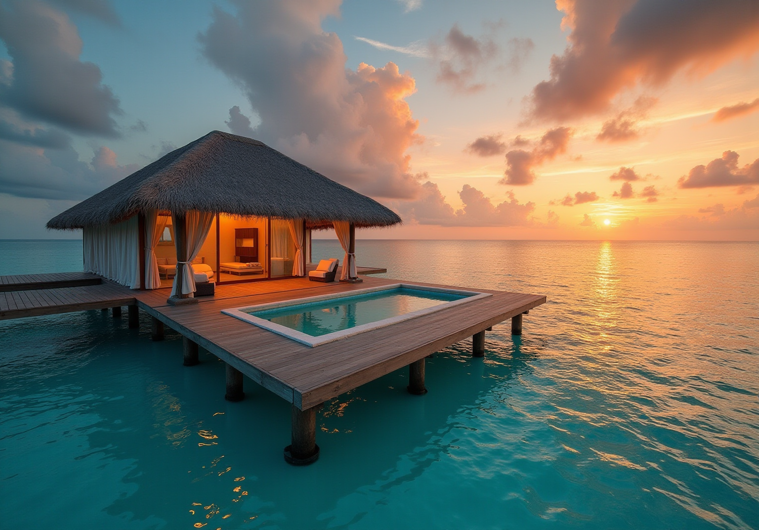 Serene Overwater Spa in the Maldives at Sunset