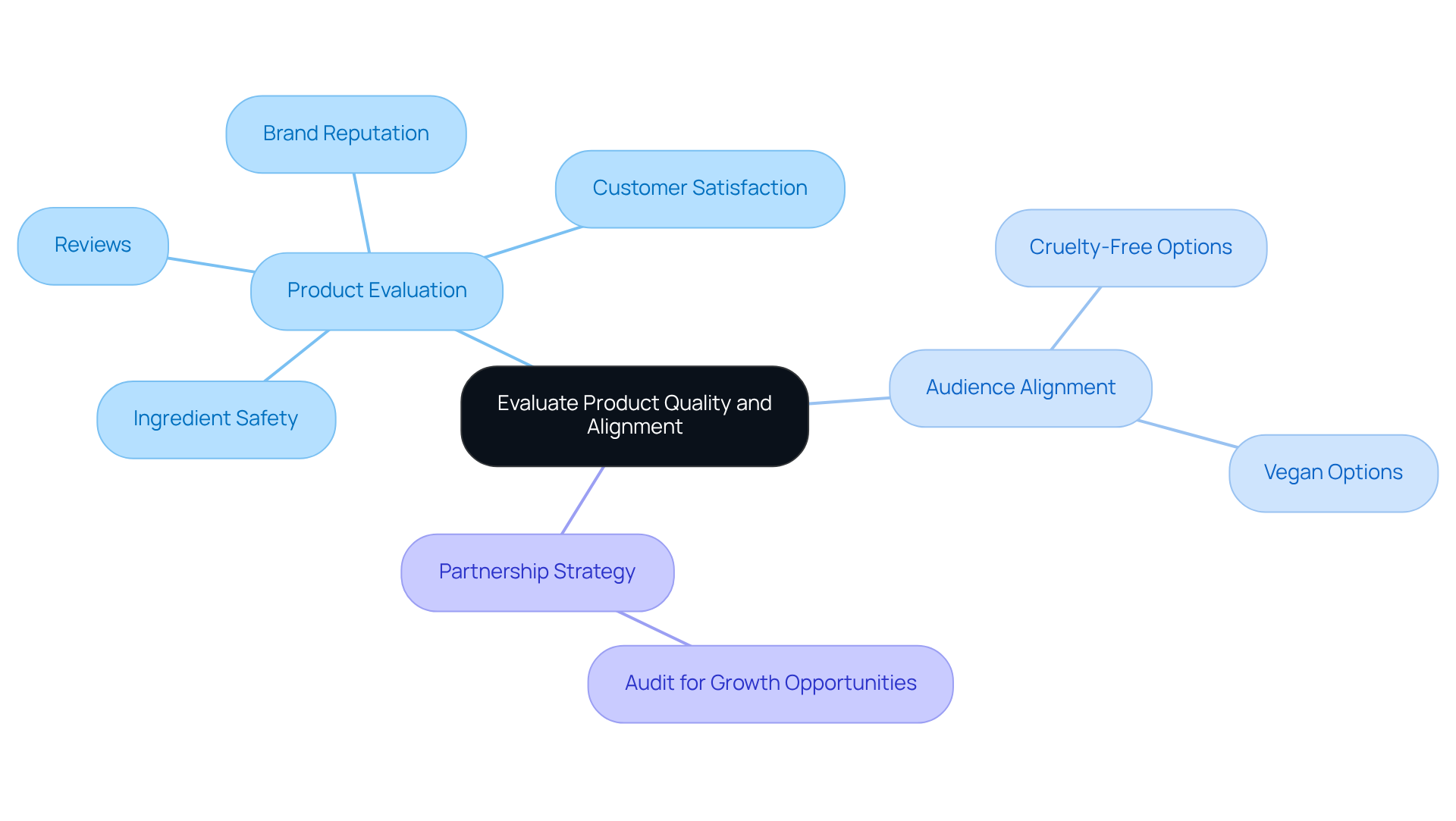 The central idea is about evaluating product quality and aligning with audience needs. Each branch represents a key area of focus, and the sub-branches detail specific considerations or actions to take. Follow the branches to see how each aspect contributes to the overall strategy. The central idea is about evaluating product quality and aligning with audience needs. Each branch represents a key area of focus, and the sub-branches detail specific considerations or actions to take. Follow the branches to see how each aspect contributes to the overall strategy.