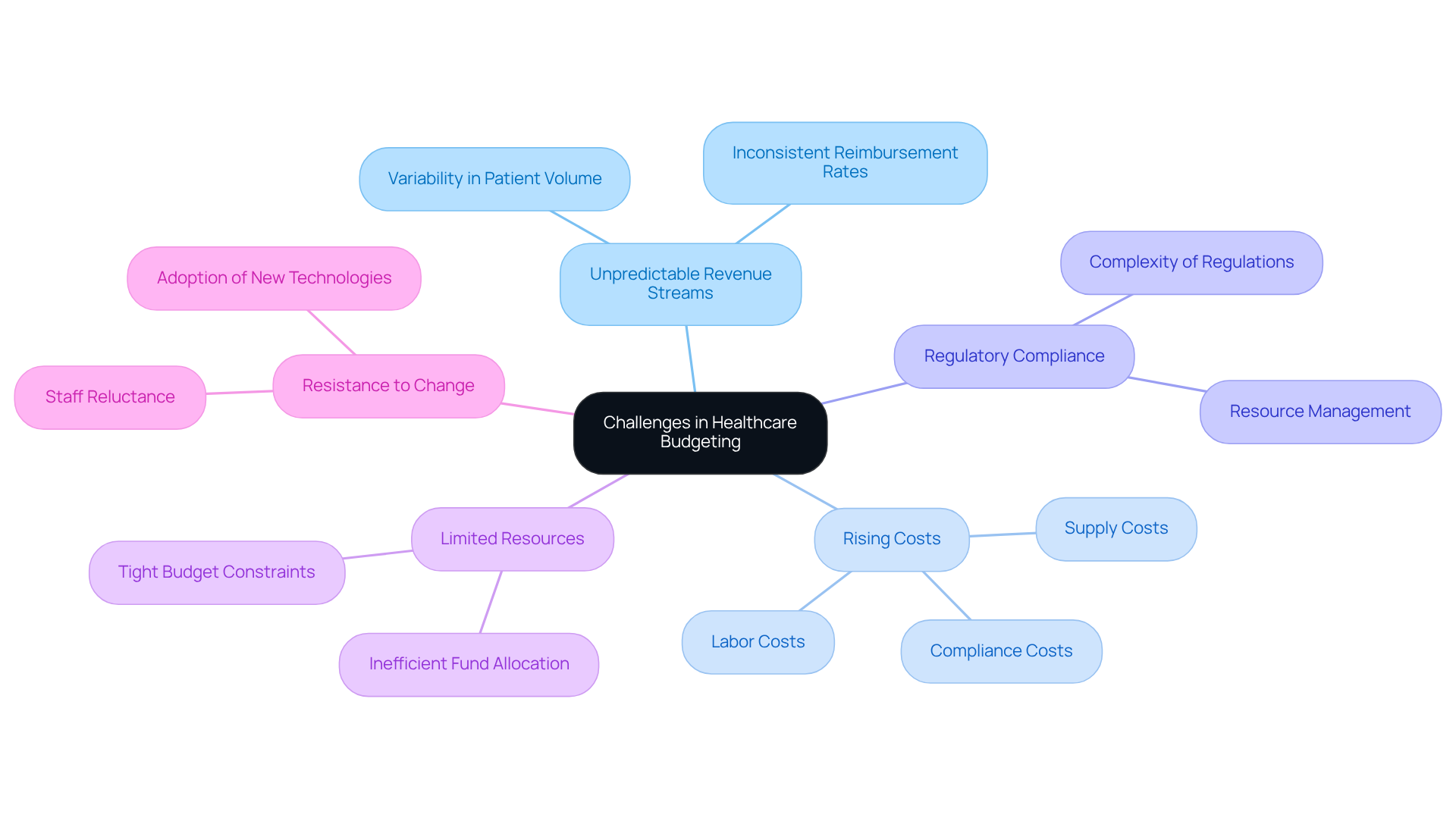 The center of the mindmap shows the main topic of healthcare budgeting challenges. Each branch represents a specific challenge, and the sub-branches outline strategies to overcome those challenges. This visual helps you see how each issue is connected to potential solutions.