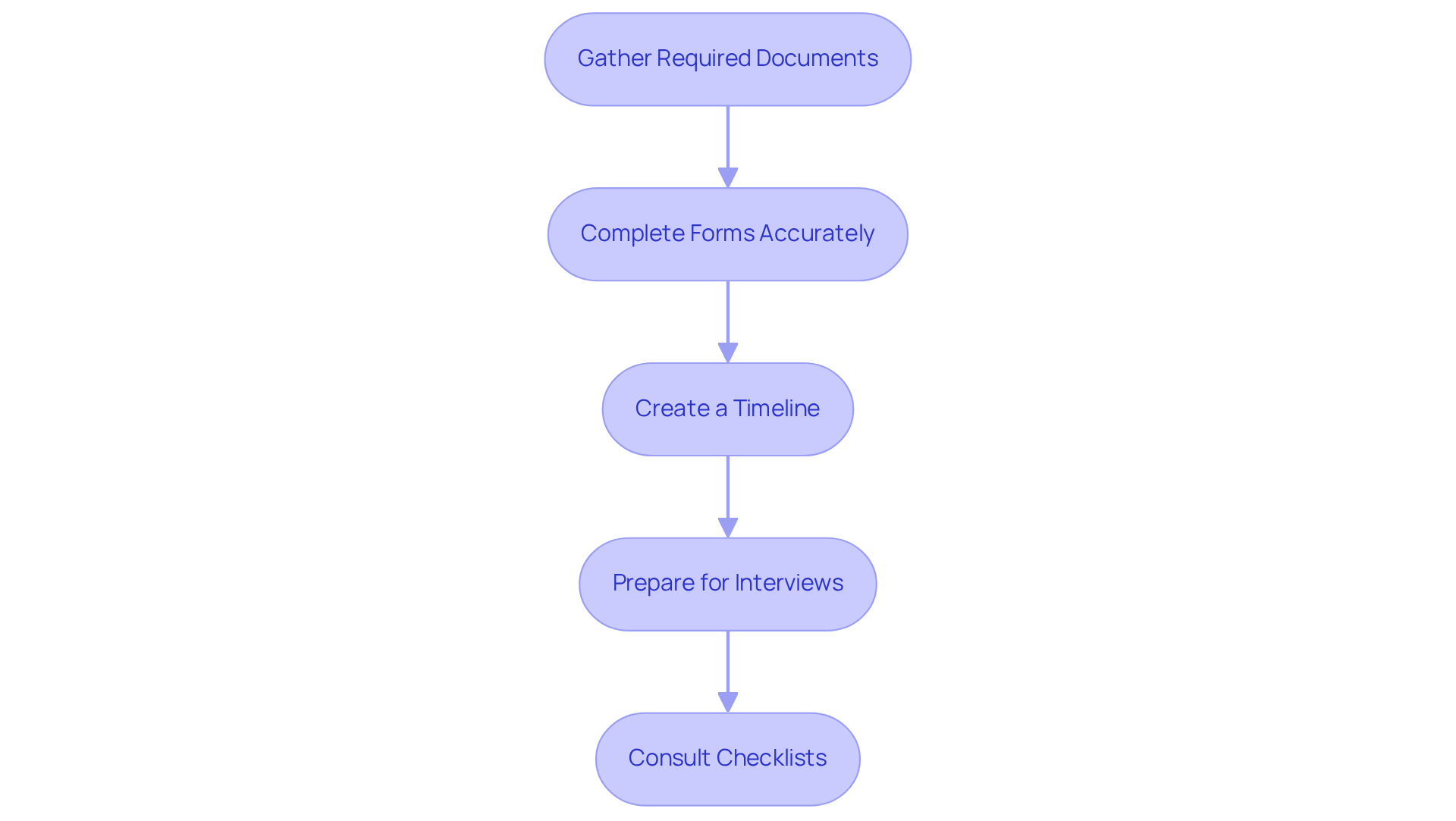 Each box represents a step you need to take to prepare your immigration case. Follow the arrows to see the order in which you should complete these steps for the best chance of success.