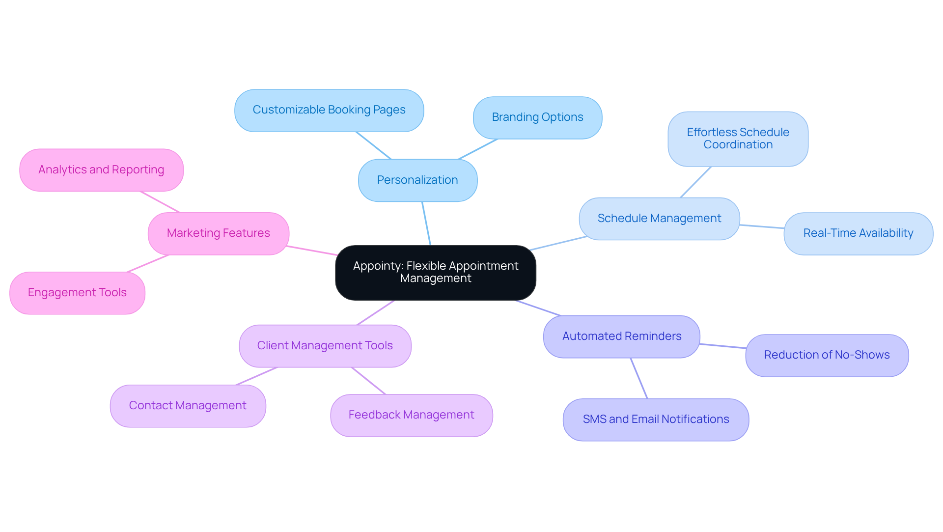 The center represents the Appointy platform, with branches illustrating its key features and how they contribute to efficient appointment management.
