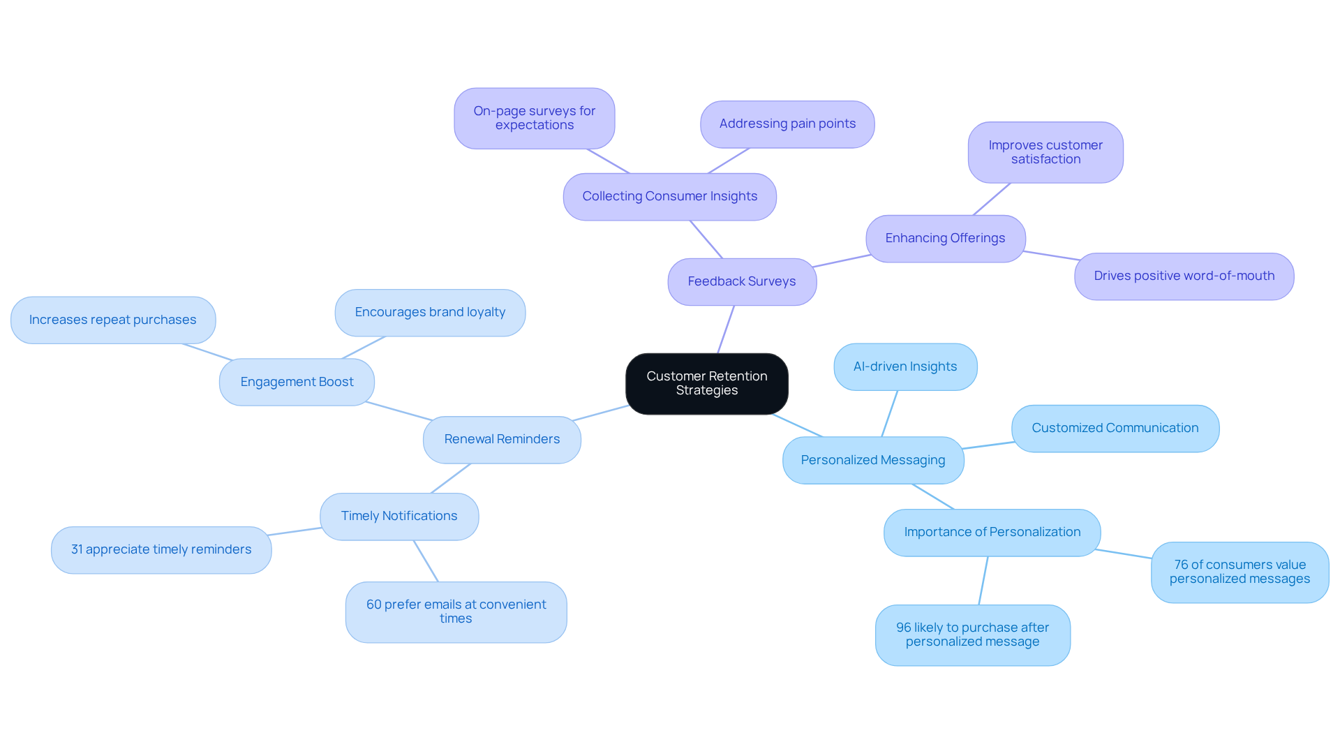 The center shows the main focus on customer retention. Each branch represents a strategy that helps build loyalty, with further details underneath to explain how each strategy works.