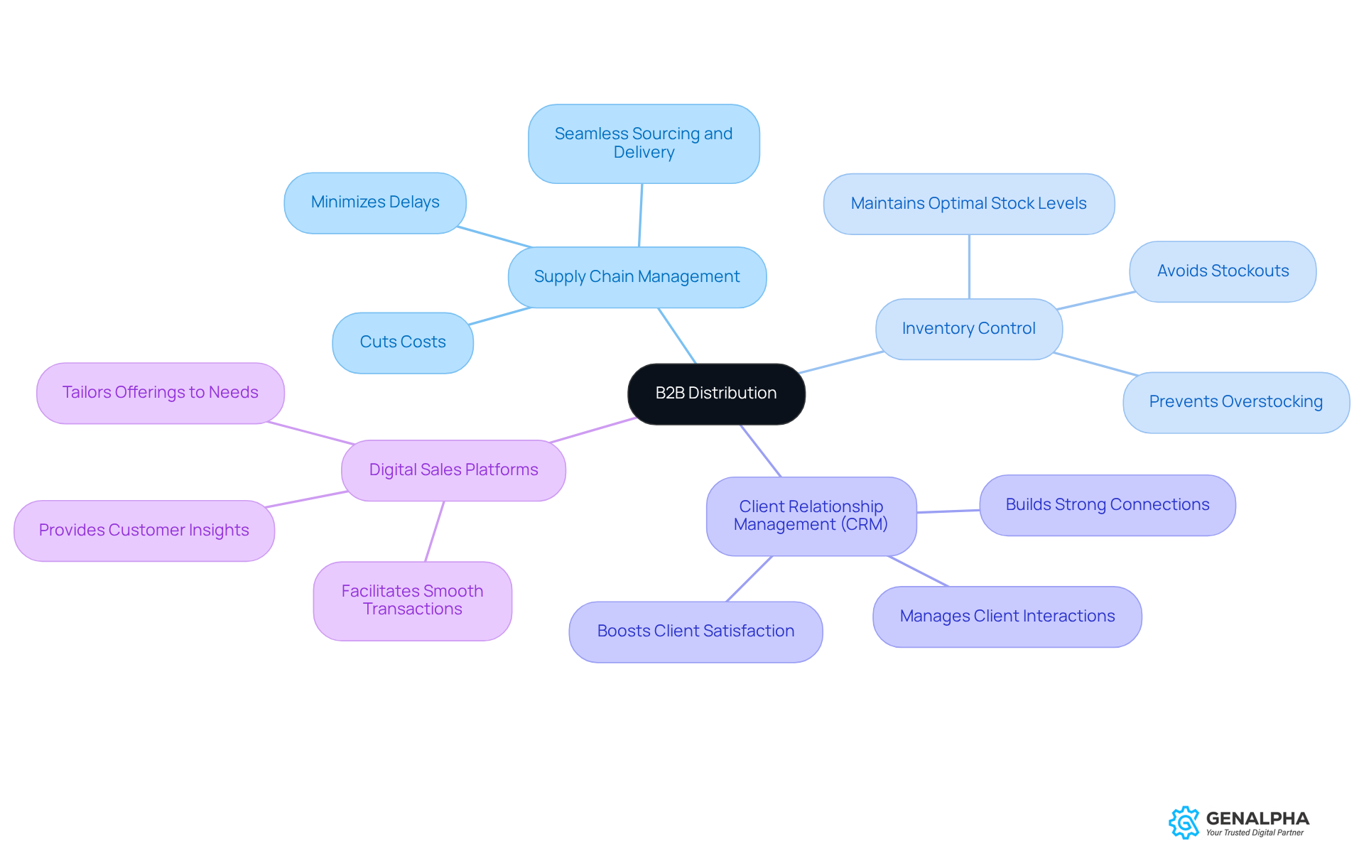 The central node represents B2B distribution, and each branch highlights a crucial element that supports the distribution process. Follow the branches to understand how each component contributes to creating a smooth distribution strategy.