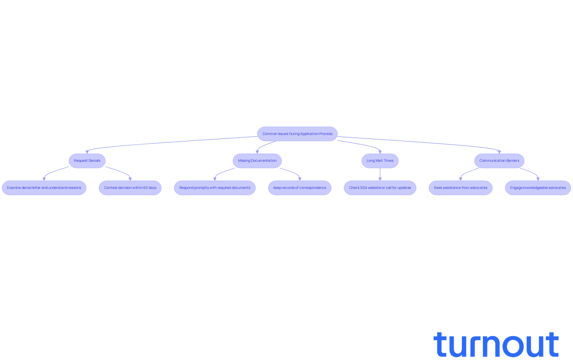 Each box represents a common issue applicants face. Follow the arrows to see the recommended steps for resolving each problem. This chart is designed to help you navigate the process more easily.