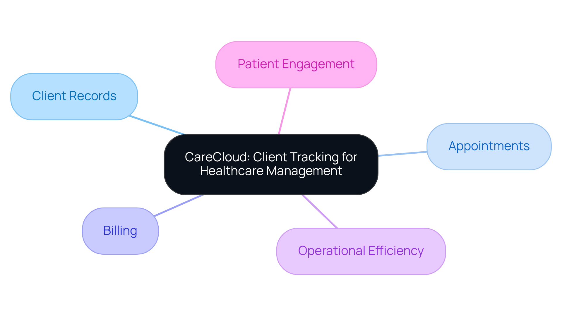 The center represents CareCloud, and the branches show its key features. Each feature is a part of how CareCloud helps healthcare providers manage their clients effectively.