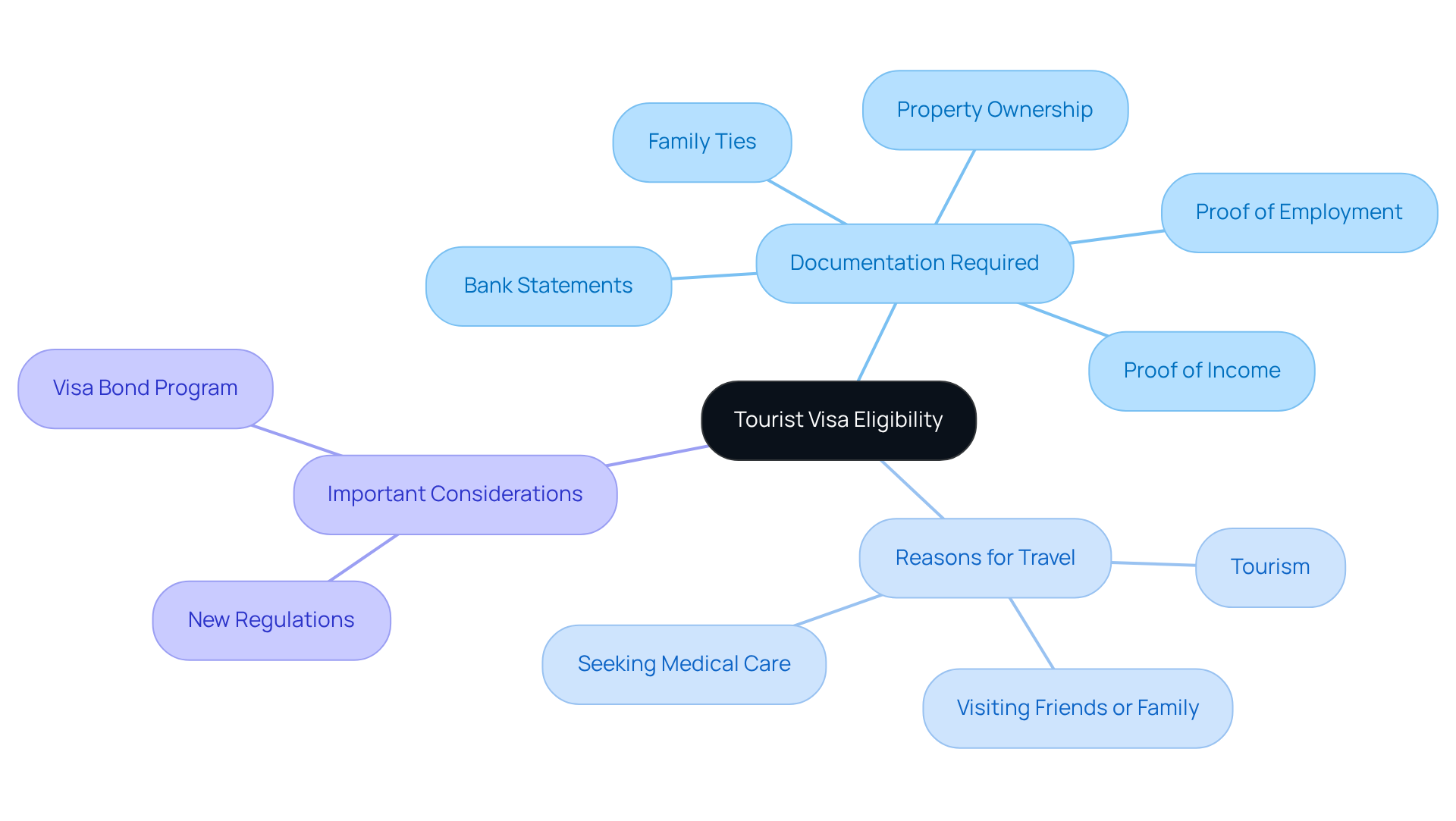 This mindmap shows the key elements you need to know about applying for a tourist visa. Start at the center with the main topic, then follow the branches to see what documents you need, why you might travel, and important things to keep in mind. Each branch helps you understand the requirements and considerations for a successful application.