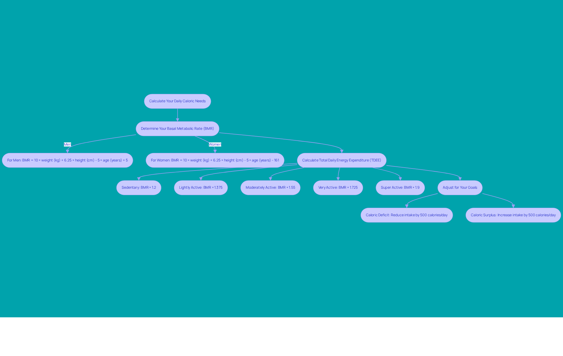 Follow the arrows to understand each step in calculating your daily caloric needs, starting with BMR and leading to how to adjust your intake based on your goals.
