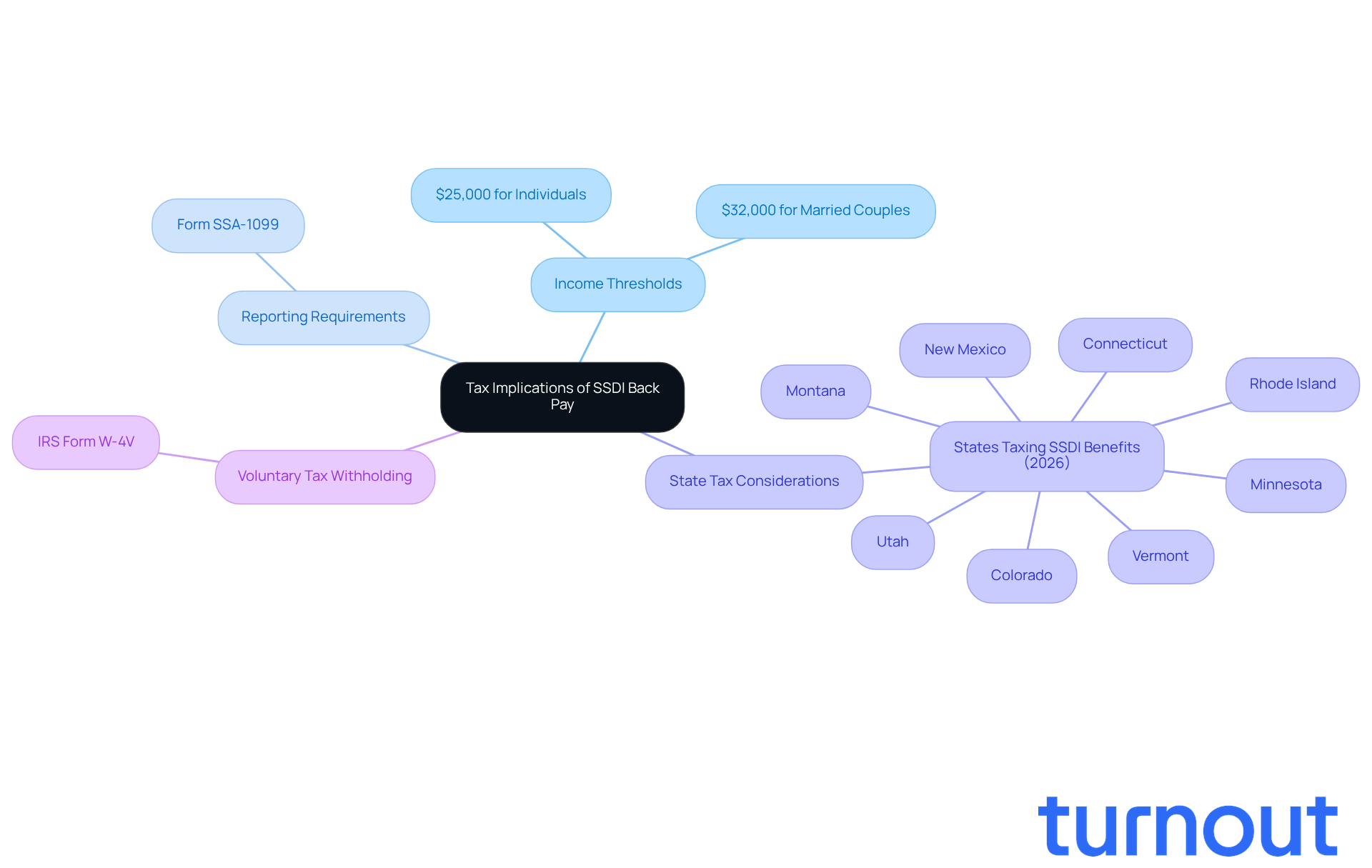 The central node represents the main topic, while branches show related areas of concern. Each color-coded branch helps you navigate through the different aspects of SSDI back pay taxes, making it easier to understand your obligations.