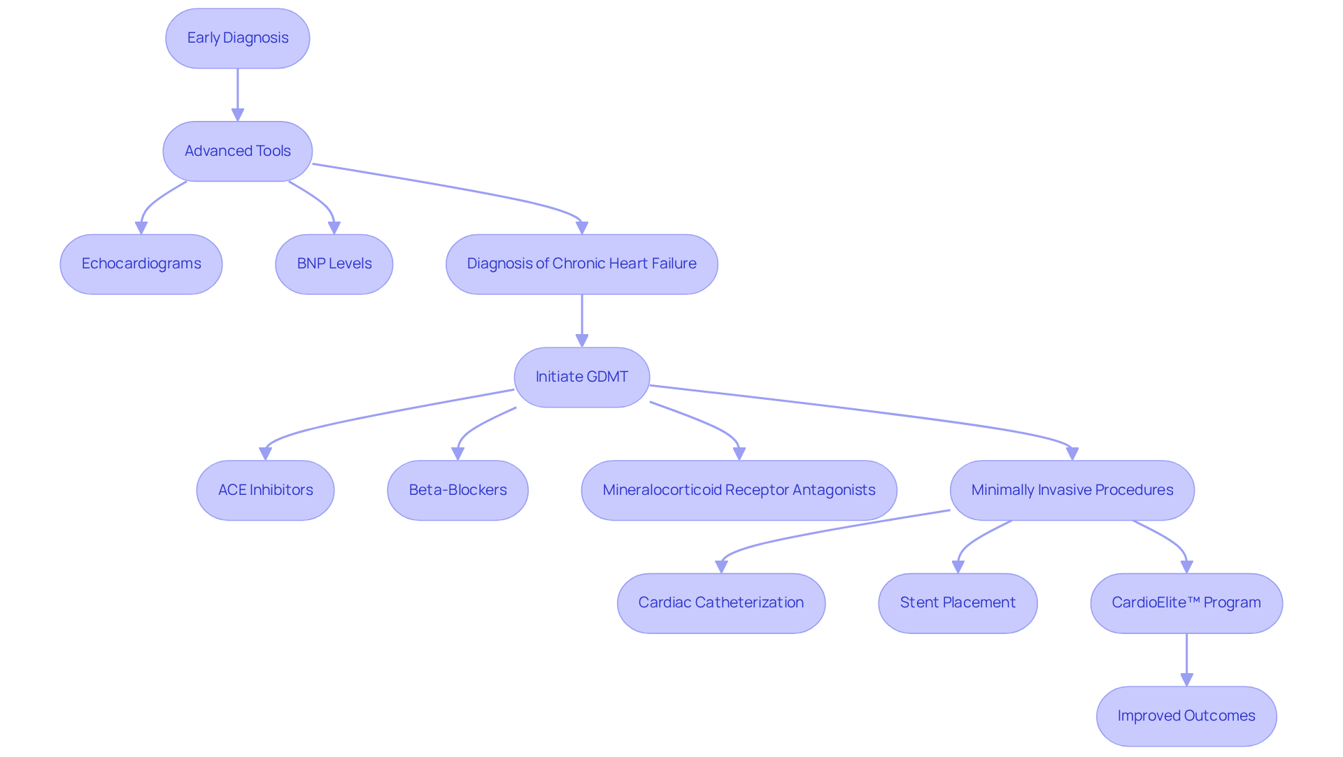 This flowchart illustrates the steps involved in managing chronic heart failure. Start with early diagnosis, then follow the arrows to see how advanced tools lead to treatment options and ongoing care, all aimed at improving health outcomes.