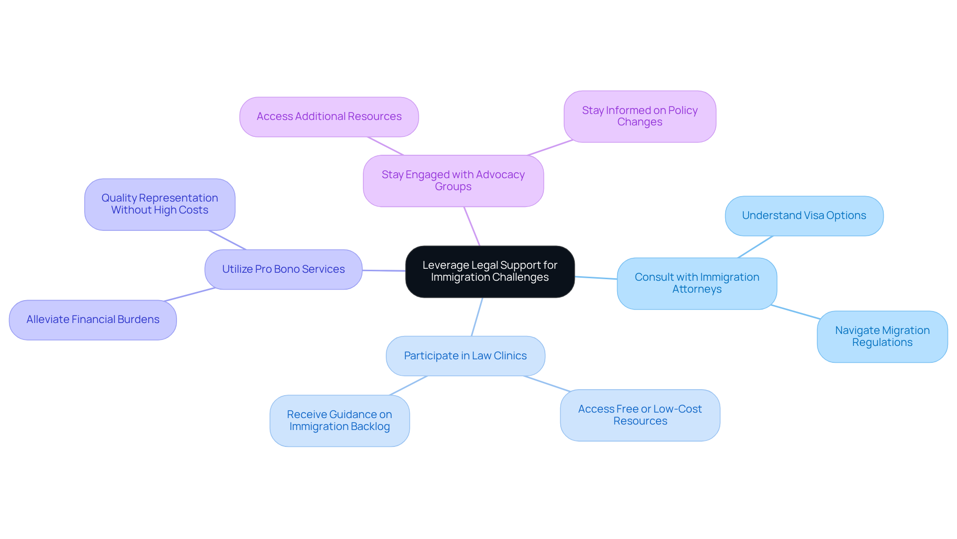 The central node represents the main theme, while the branches show different strategies you can use. Each strategy has its own details that explain how it can help you navigate immigration challenges.