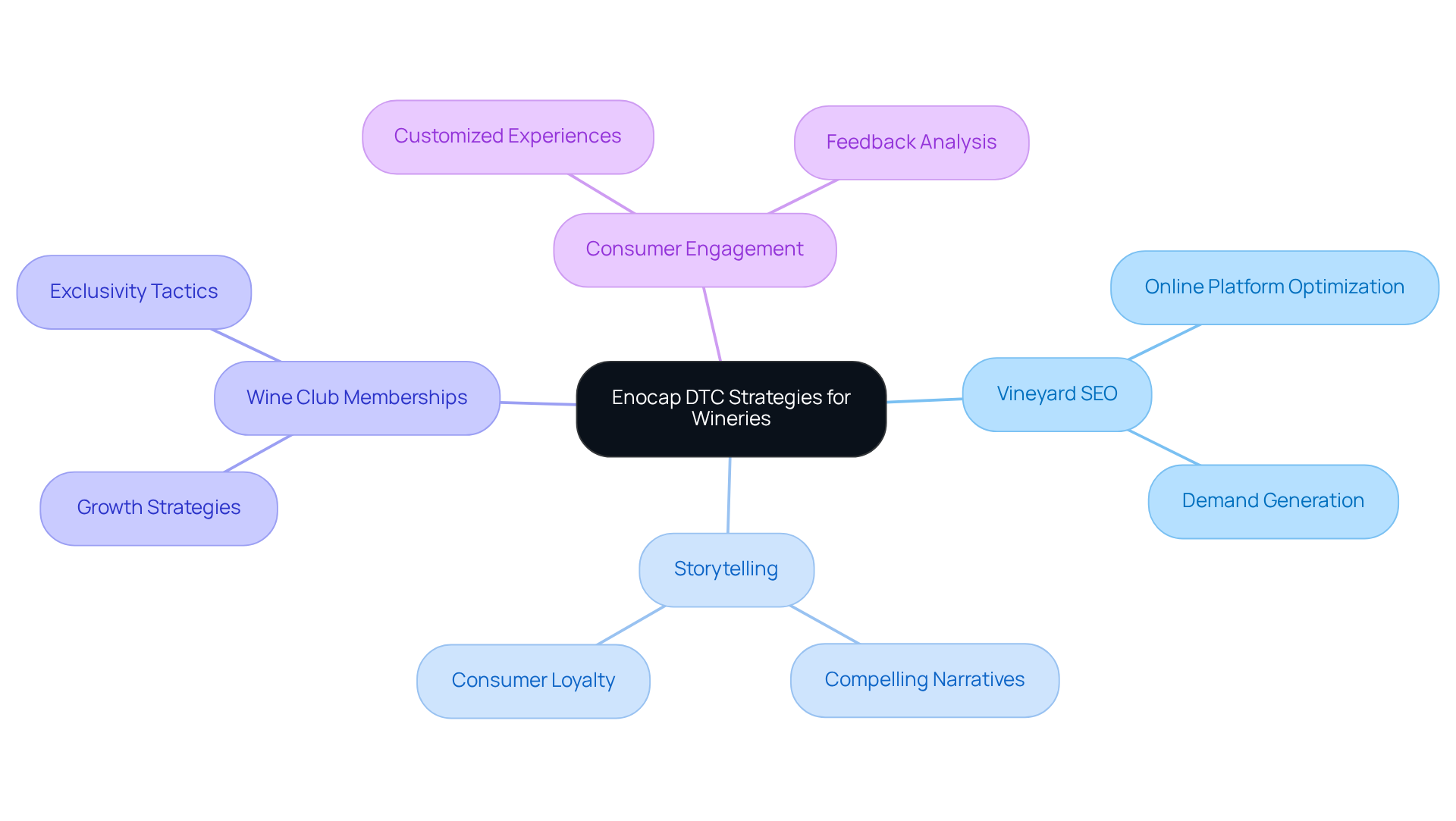 The central node represents the main focus on DTC strategies. The branches show various strategies and their subcategories, illustrating how they connect to enhance winery sales and engagement.