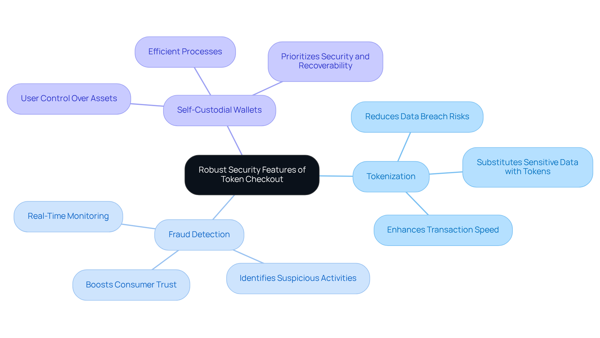 The center represents the main theme of security in Token Checkout. Each branch highlights a key feature, and the sub-branches provide more details on how these features work and their benefits. The center represents the main theme of security in Token Checkout. Each branch highlights a key feature, and the sub-branches provide more details on how these features work and their benefits.