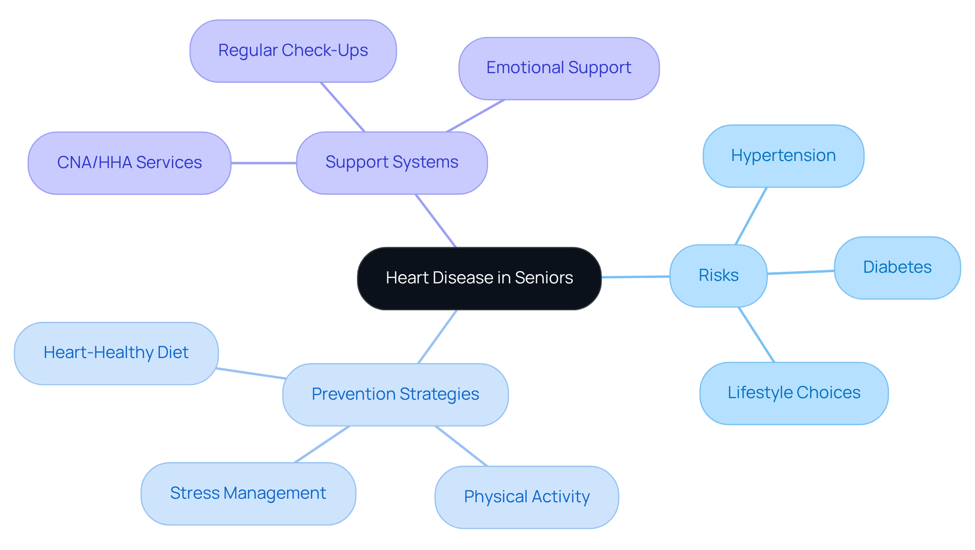 The central node represents heart disease in seniors, with branches showing key risk factors, strategies for prevention, and the vital role of support systems. Each branch helps to understand how these elements interact to promote heart health.