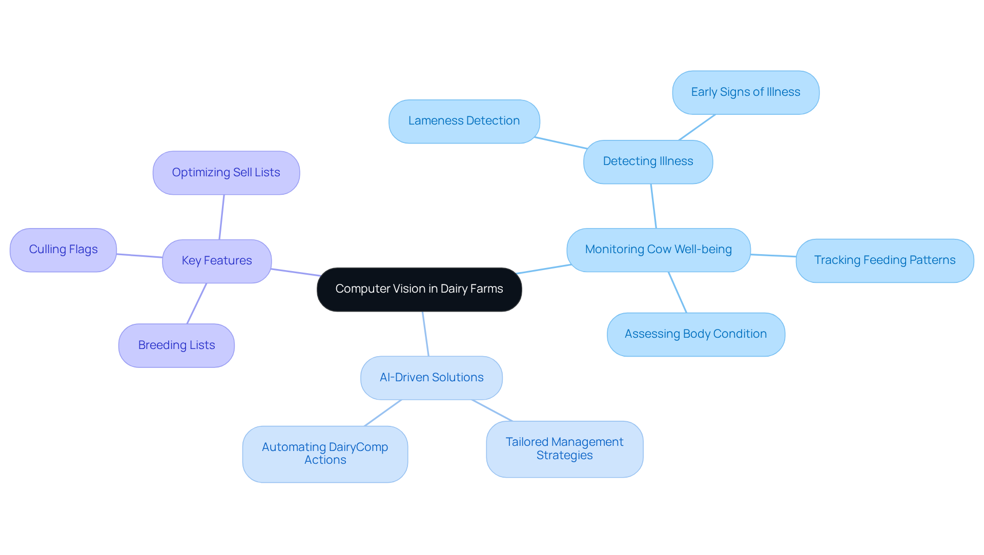 The center represents the main topic of computer vision in dairy farms. Each branch shows a different aspect of how this technology is applied, with further details under each branch to explain specific functions and benefits.