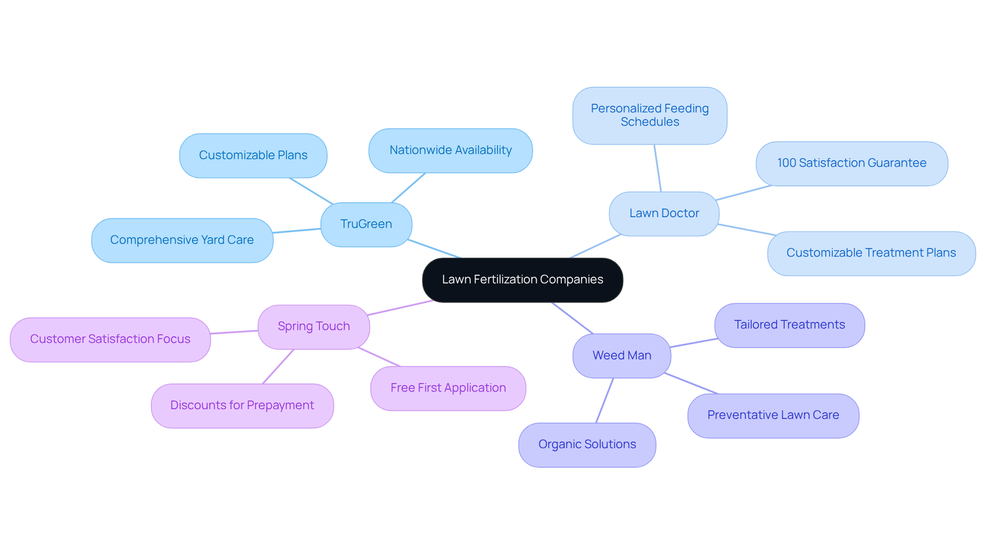 The central node represents the overall topic, while each branch shows a different company. The sub-branches detail what makes each company unique, helping you see at a glance which services might suit your lawn care needs.