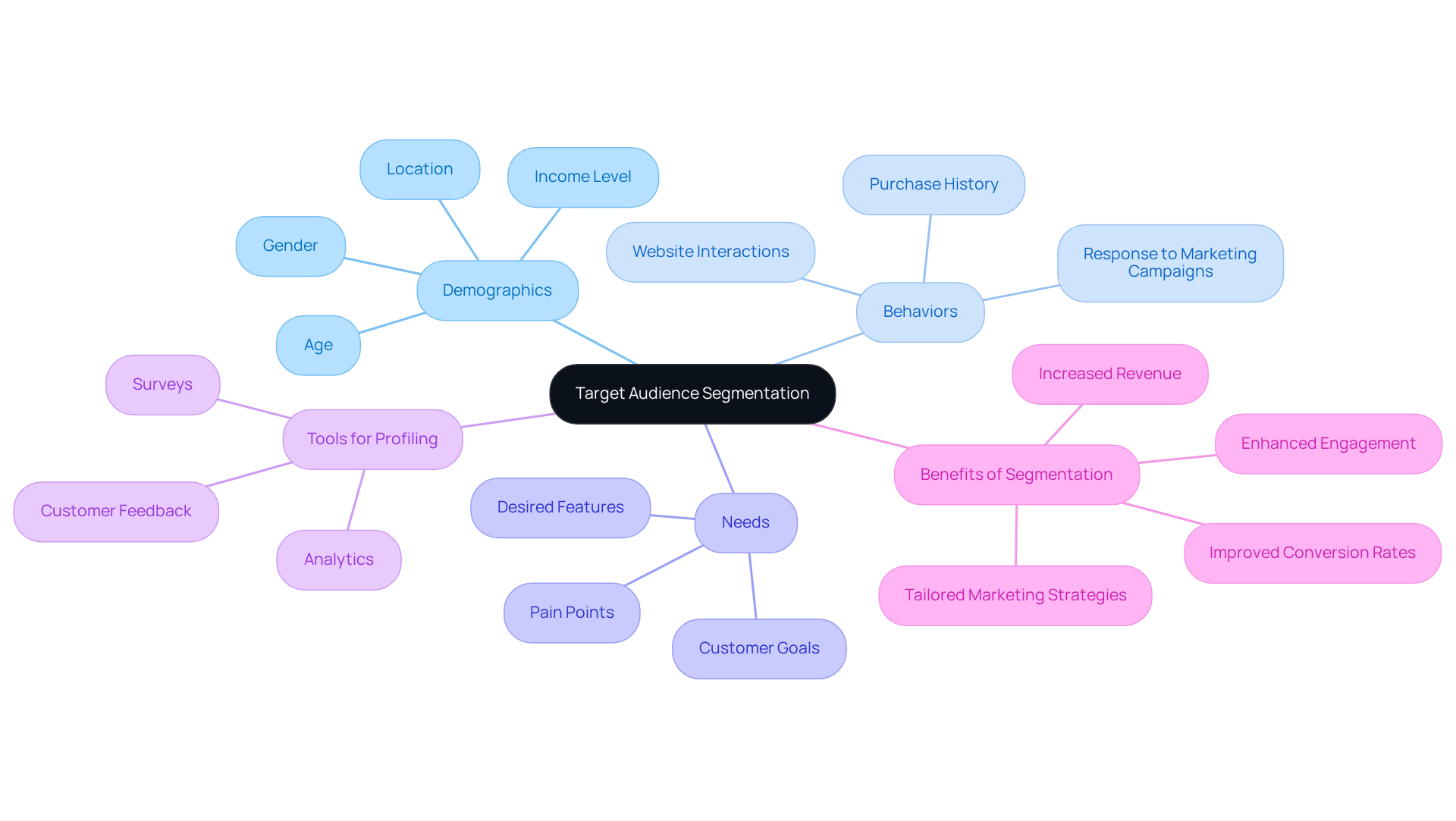 The central node represents the main focus on audience segmentation, while the branches illustrate different aspects like demographics and tools. Each sub-branch provides more detail, helping you see how everything connects. The central node represents the main focus on audience segmentation, while the branches illustrate different aspects like demographics and tools. Each sub-branch provides more detail, helping you see how everything connects.