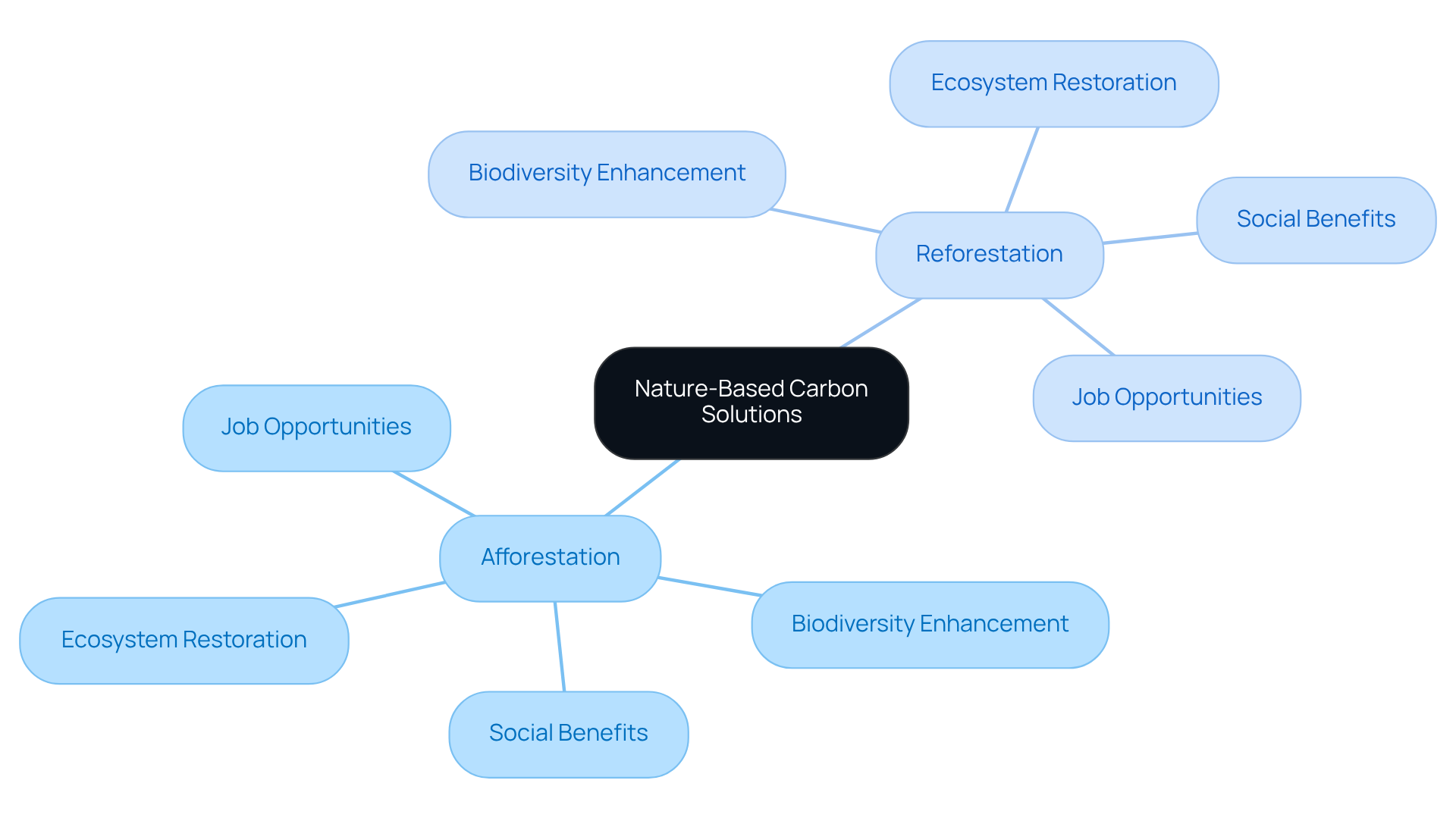 The central node represents the overarching theme of carbon solutions. The branches show how afforestation and reforestation contribute to various benefits and corporate sustainability efforts. Follow the branches to understand the connections and importance of these initiatives. The central node represents the overarching theme of carbon solutions. The branches show how afforestation and reforestation contribute to various benefits and corporate sustainability efforts. Follow the branches to understand the connections and importance of these initiatives.