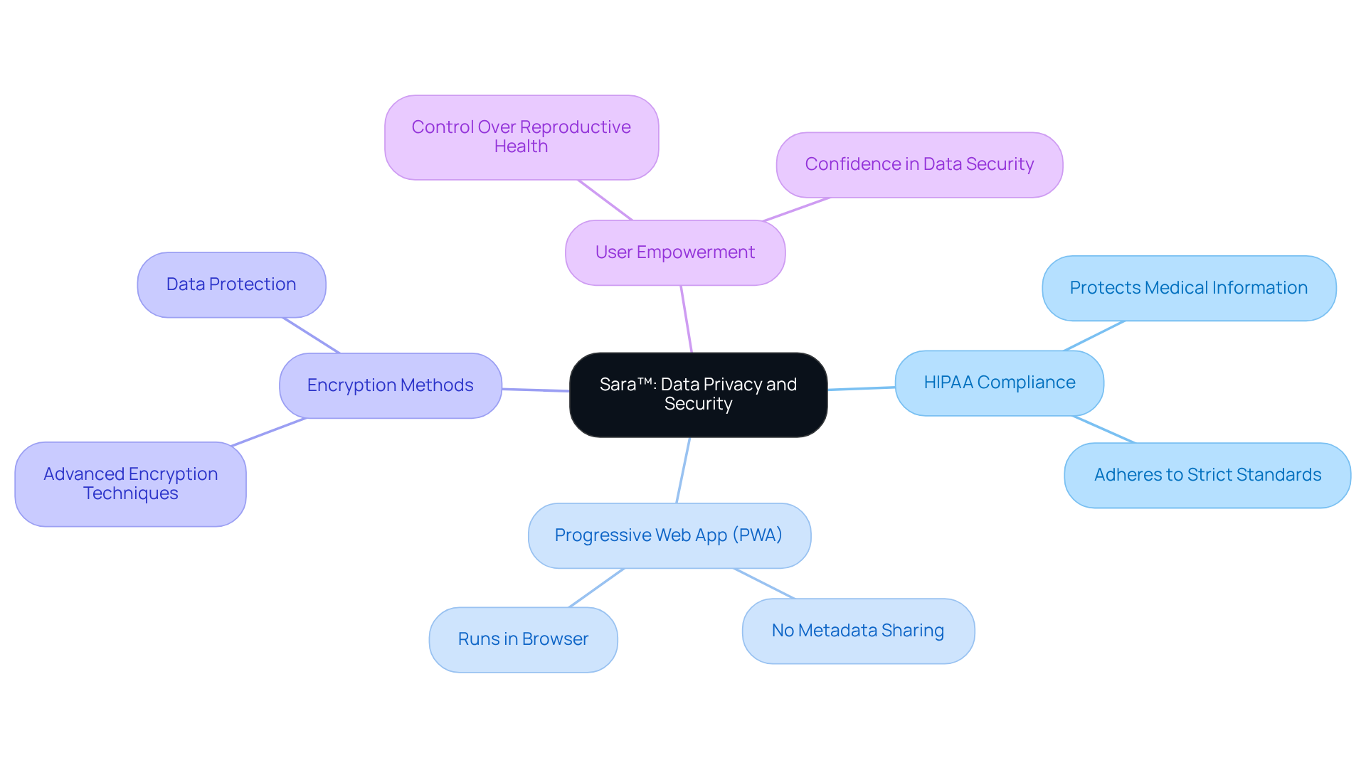 The central node represents the main theme of data privacy and security. Each branch highlights a key feature of the Sara™ app, showing how they contribute to user protection and empowerment.