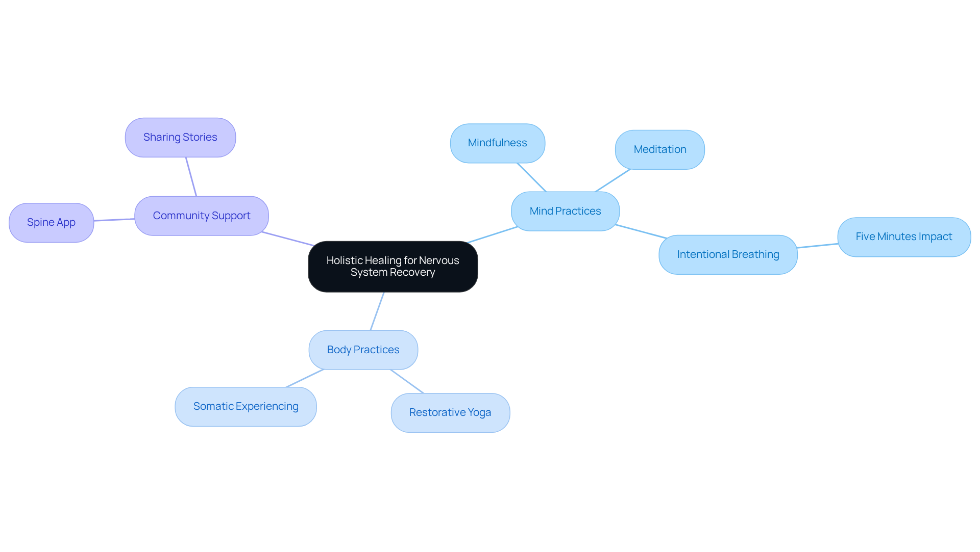 The central node represents holistic healing, with branches showing different practices and community support that contribute to nervous system recovery. Each branch highlights specific techniques and their roles in promoting overall wellness.