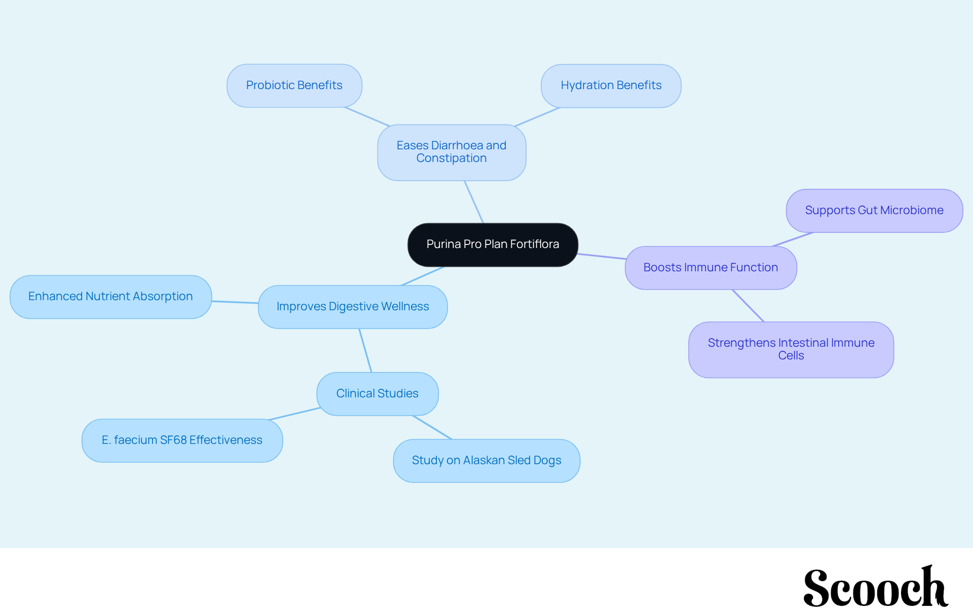 This mindmap starts with Fortiflora at the center, showing how it helps your dog's gut health. Each branch represents a key benefit, and the sub-branches provide more details. Follow the branches to see how Fortiflora can make a difference for your furry friend!